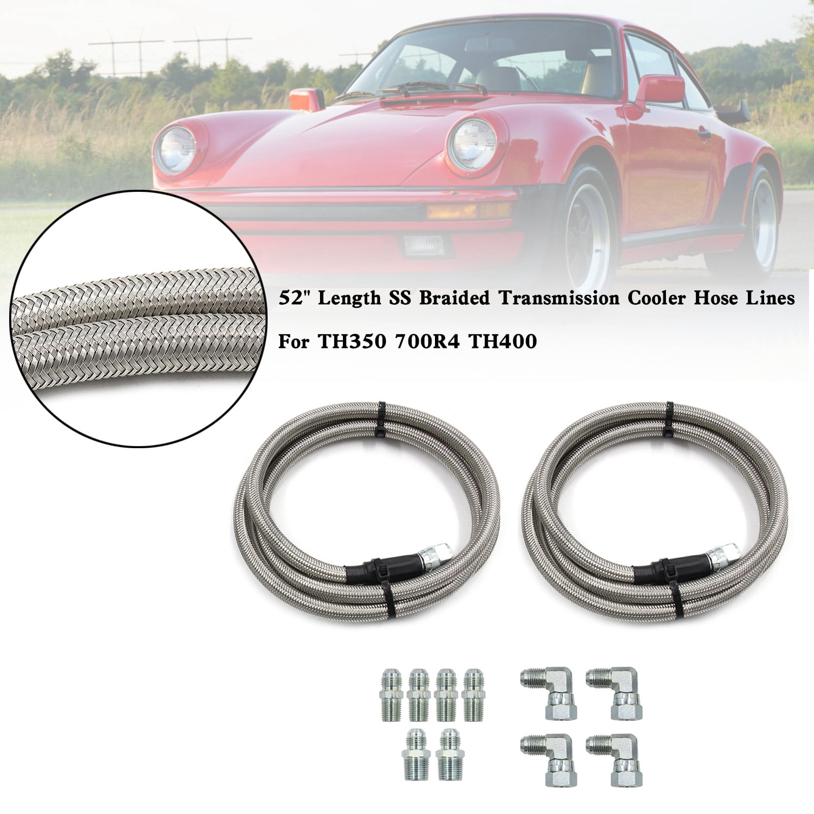 52" Length SS Braided Transmission Cooler Hose Lines For TH350 700R4 ...