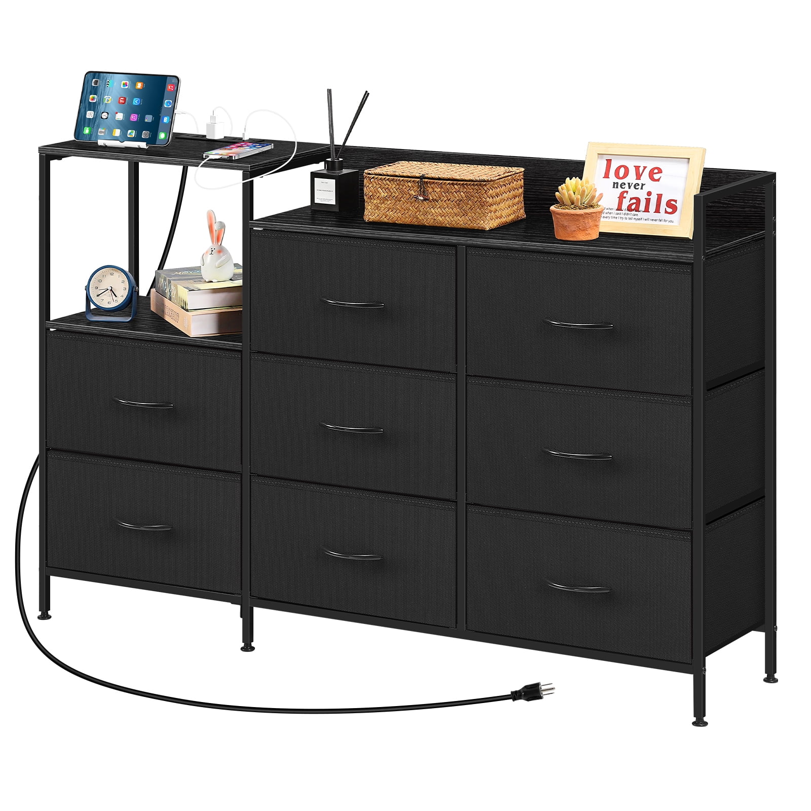 52" Long TV Stand with Charging Stake With 8 Storage Drawers Open ...