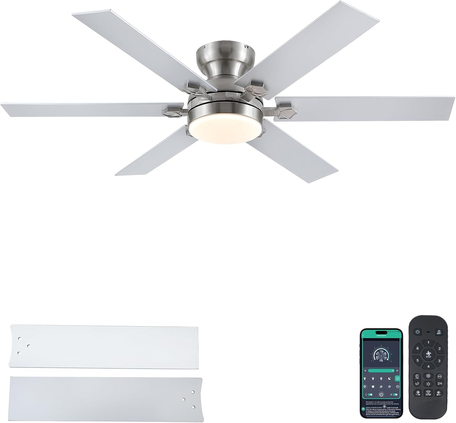 52" Low Profile Ceiling Fans with Lights and Remote, Modern Outdoor ...