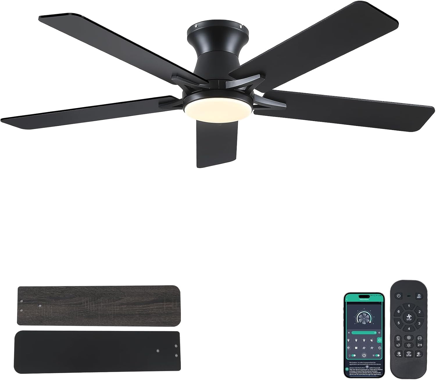 52" Low Profile Ceiling Fans with Lights and Remote,Black Indoor ...
