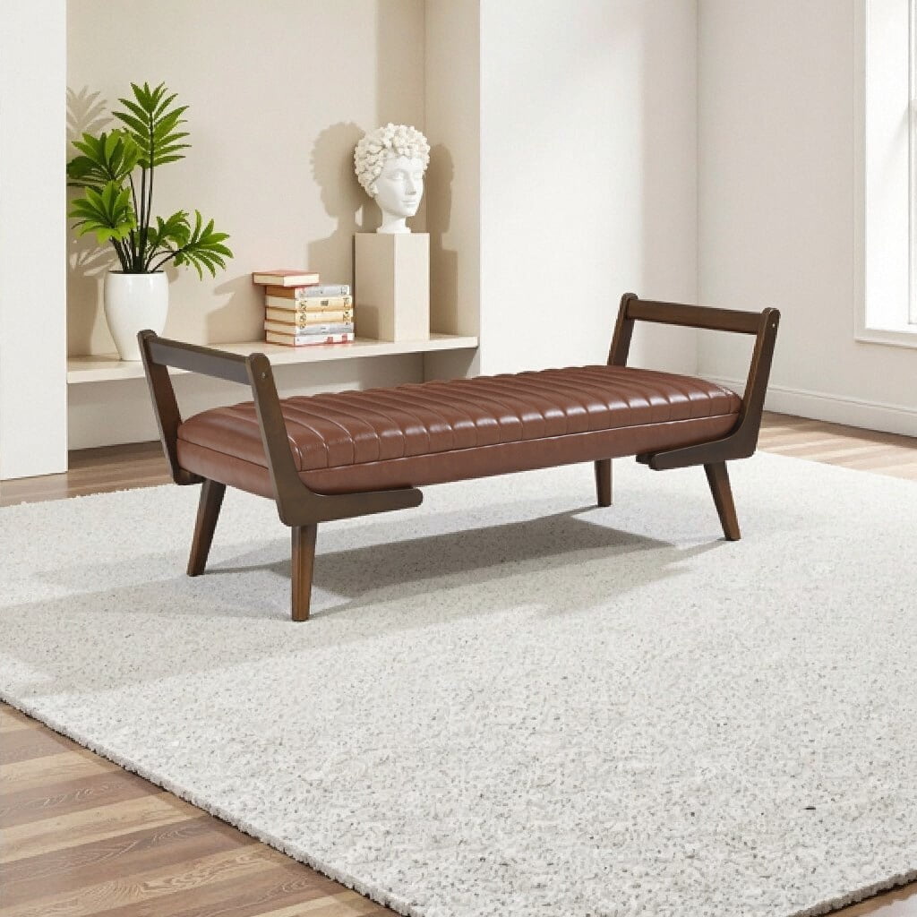 52" Mid-Century Modern Upholstered Bench with Walnut Wood Legs - Cognac ...