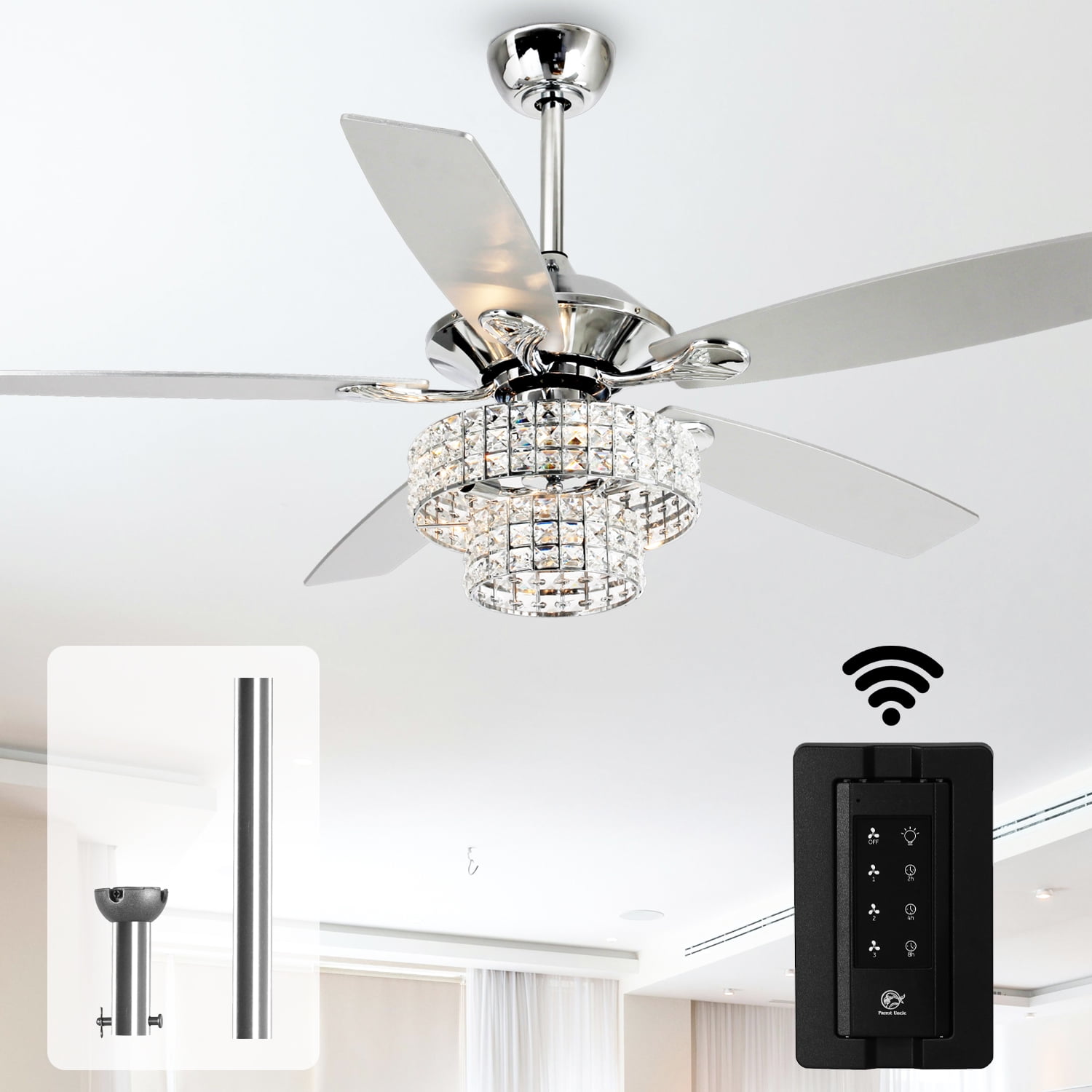 "52"" Modern Crystal Ceiling Fan with Lights for Living Room, Remote ...