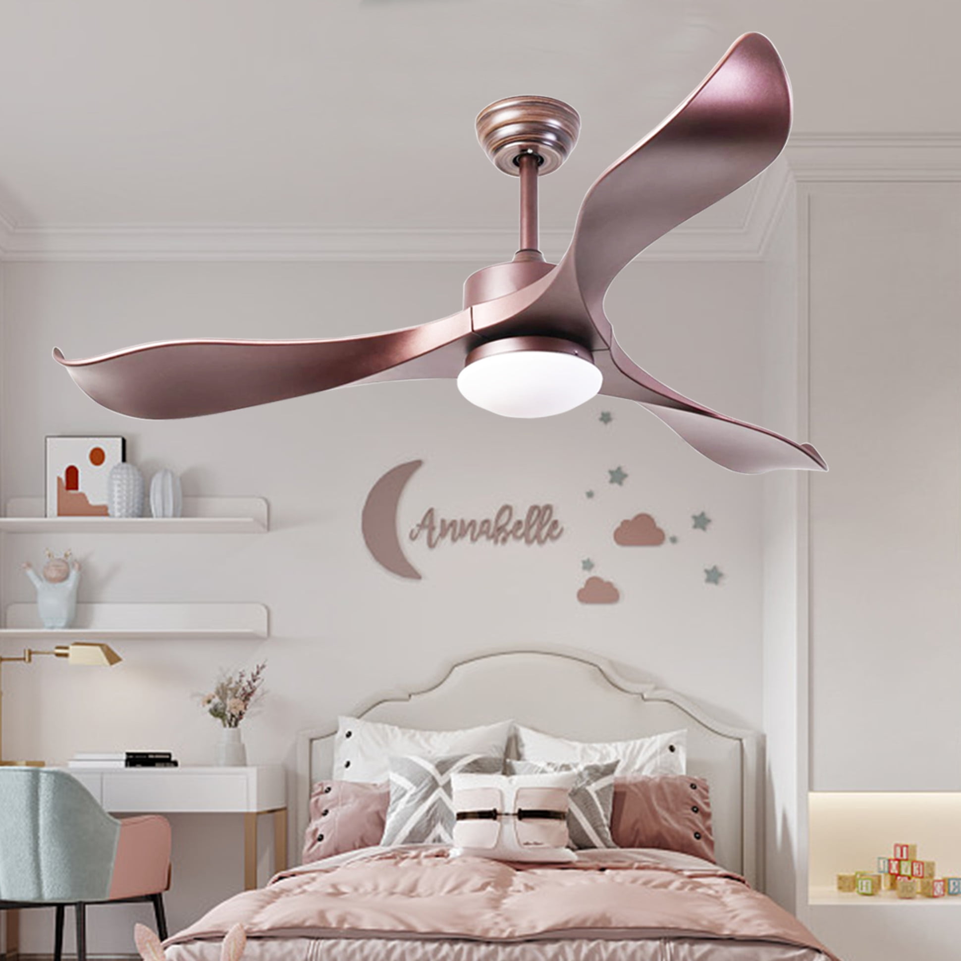 52“ Rose Gold Ceiling Fan Light, Remote Control, 3 ABS Blades ...