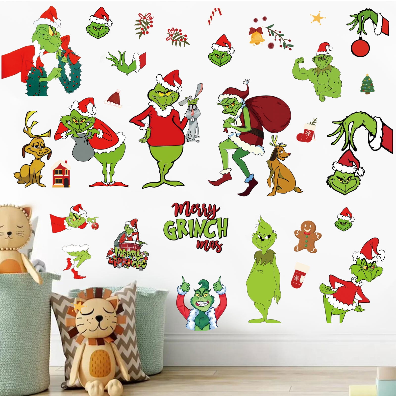 52 PCS For The Grinch Theme Wall Stickers – Cartoon Character PVC ...