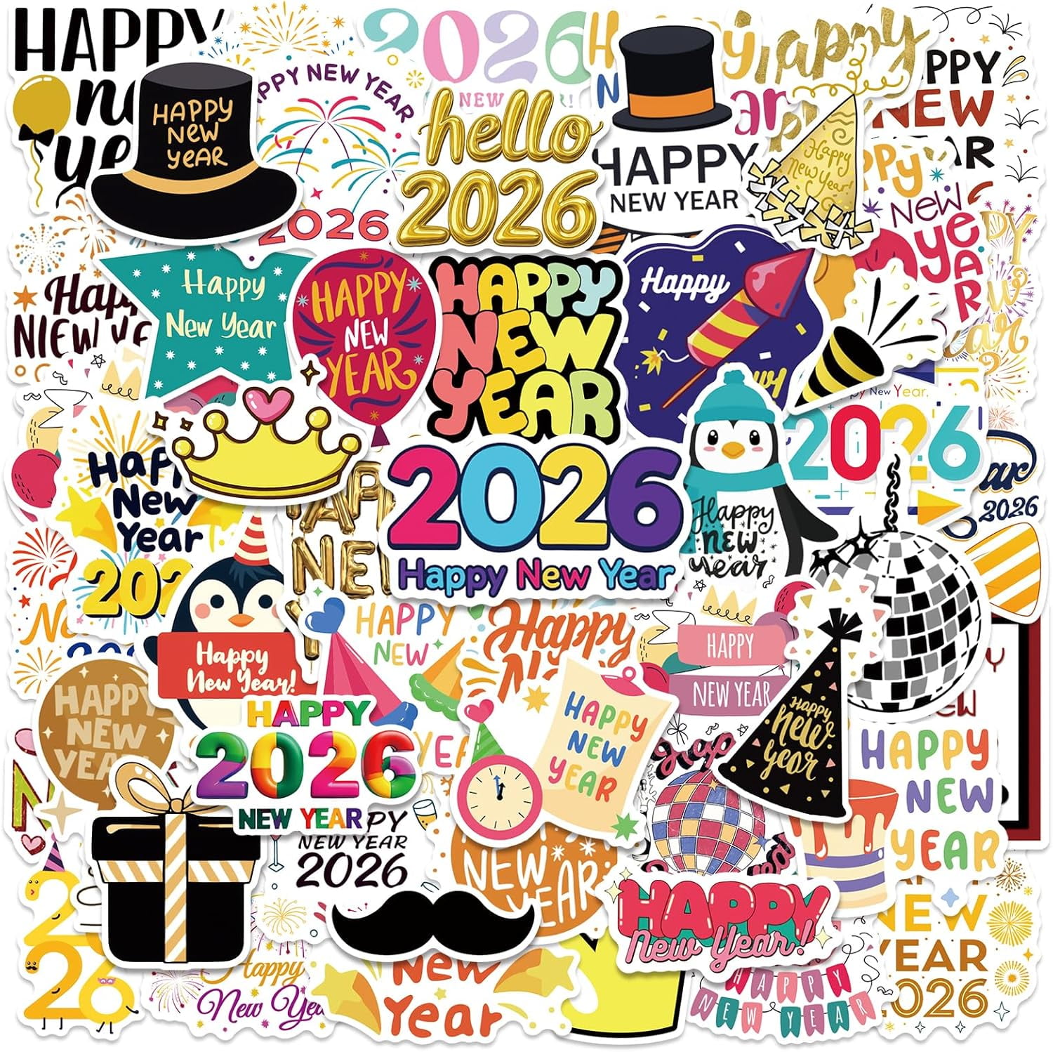 52 PCS Happy New Year Stickers 2026 Holiday Waterproof Vinyl New Years ...