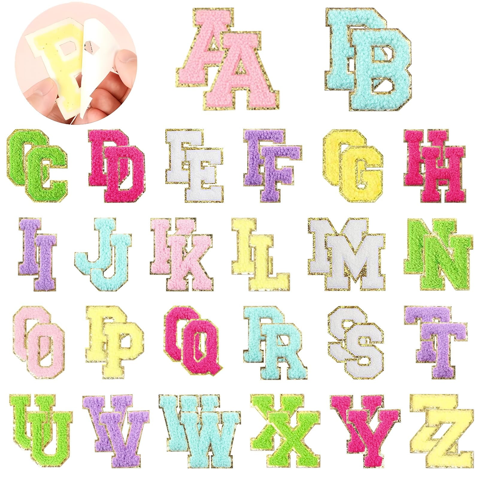 52 Pcs Chenille Alphabet Patches with Glitter, Self-Stick Embroidered ...