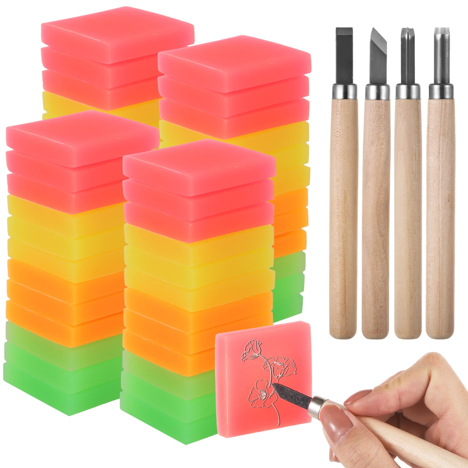 52 Pcs Linoleum Blocks Kit, Luminous Rubber Stamp Carving Blocks with 4 ...