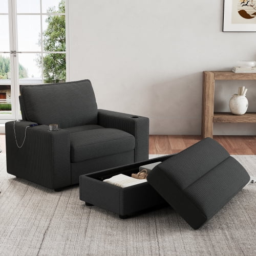52" Plush Corduroy Modern Accent Chair, Comfy Reading Chair with USB ...