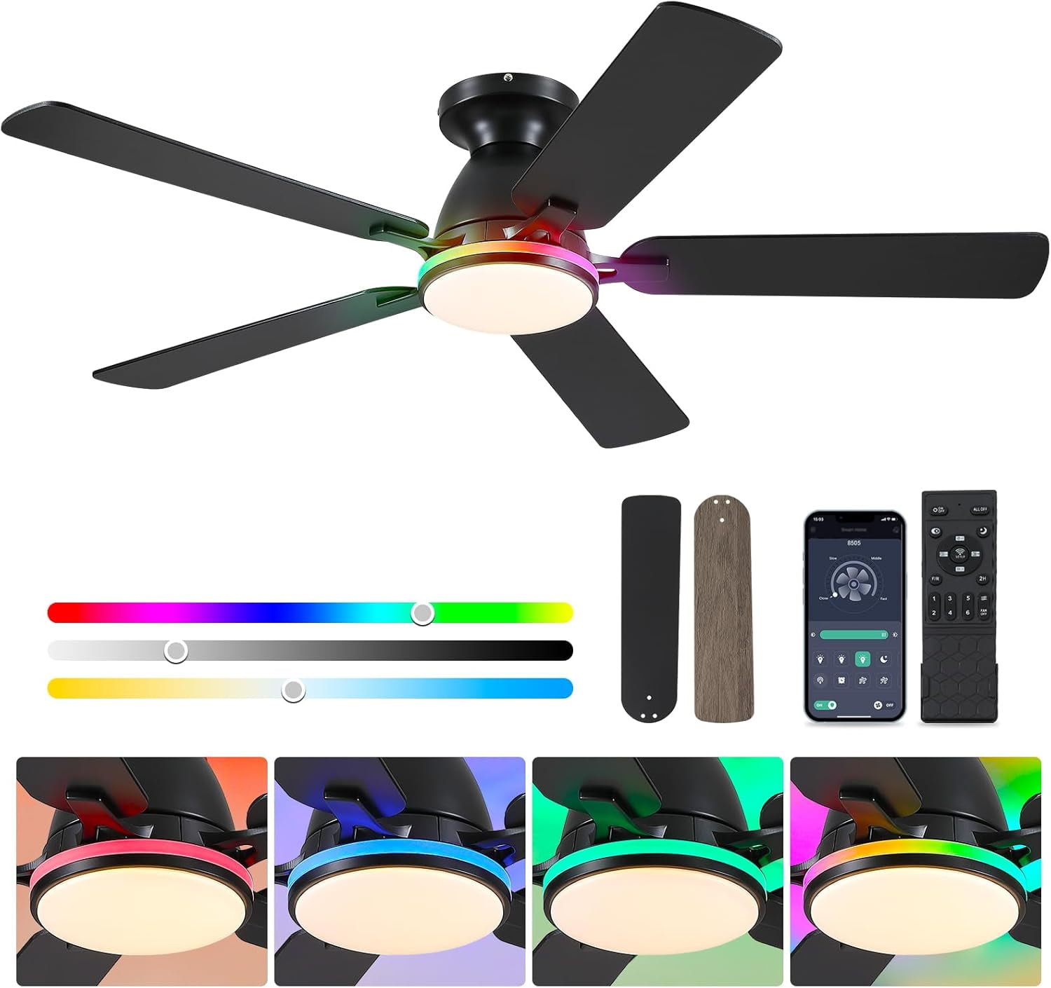 52" RGB Low Profile Ceiling Fans with Lights, LED Dimmable DC ...