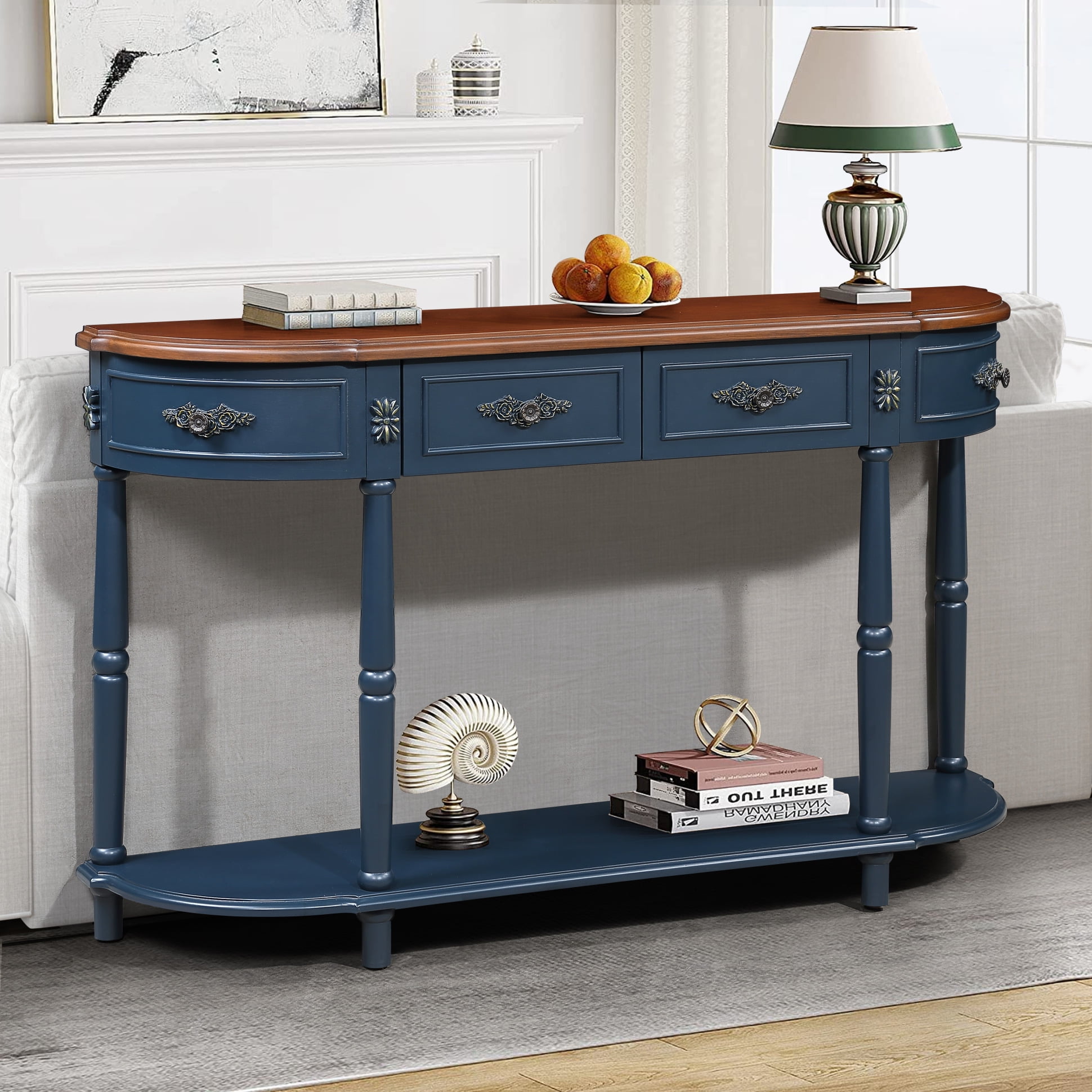 52" Retro Curved Console Table with 2 Drawers, 2-Tier Half Moon ...
