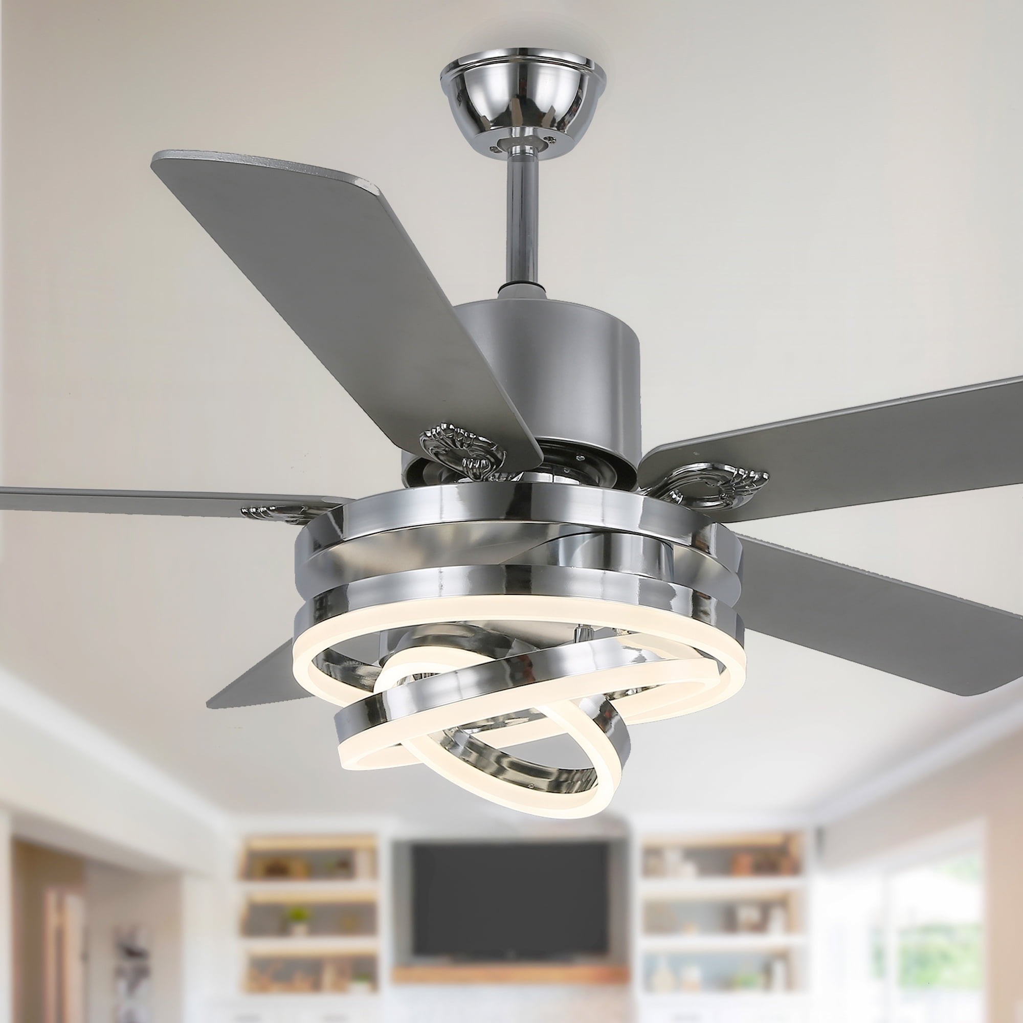 52" Silver Modern Ceiling Fan with Dimmable LED Light and Remote, 6 ...