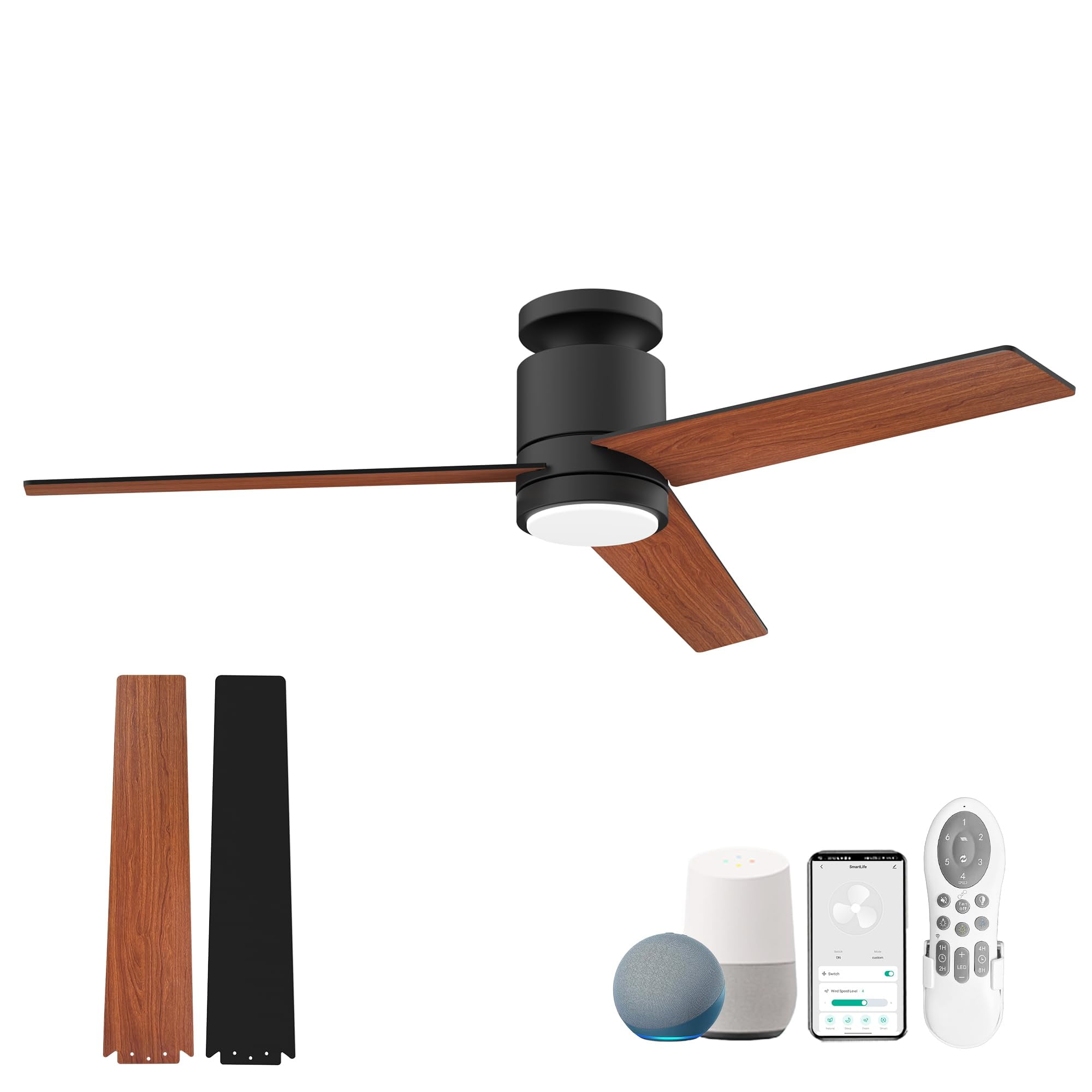 52 Inch Wood & Black Smart Flush Mount Ceiling Fans with Lights Remote ...