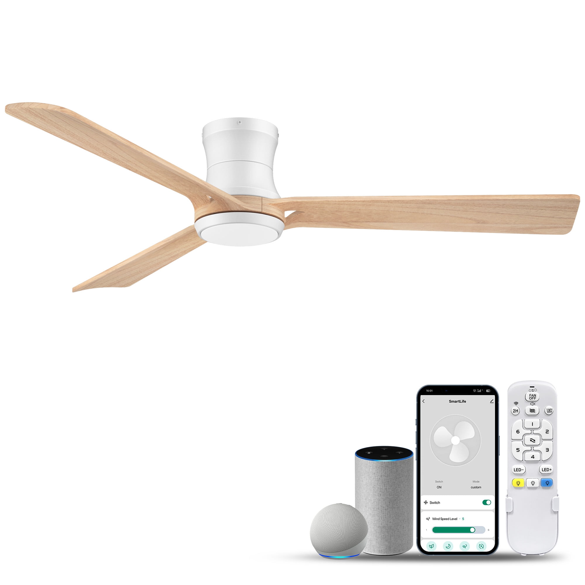 52” Smart Wood Flush Mount Ceiling Fans with Lights Remote,Quiet DC ...