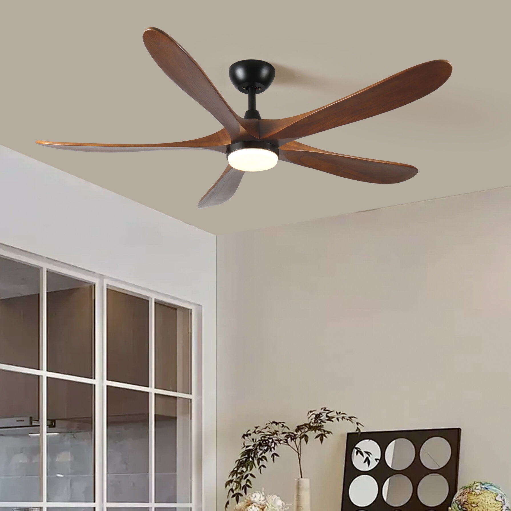 52" Solid Wood Ceiling Fan, Modern Farmhouse Style with LED Light ...