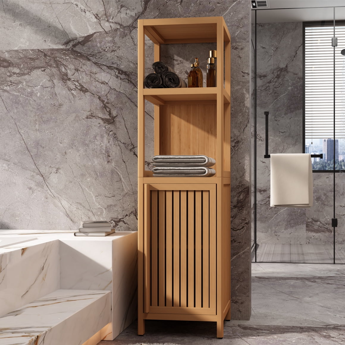 52" Tall Linen Tower Bamboo Storage Cabinet, Freestanding Linen ...