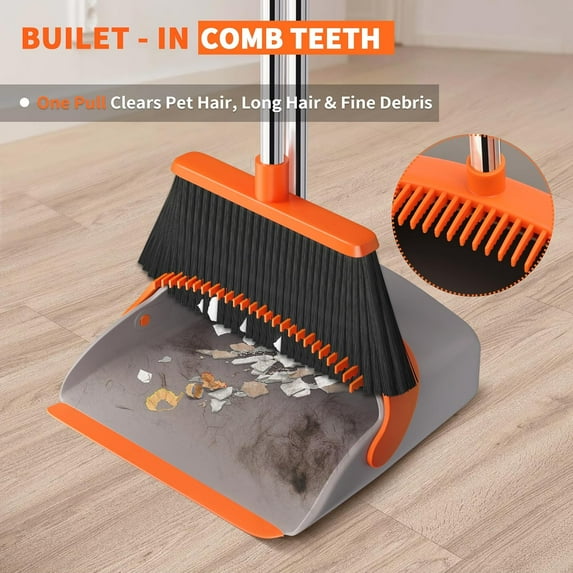 52" Upgraded Upright Broom & Dustpan Combo with Self-Cleaning Teeth for ...