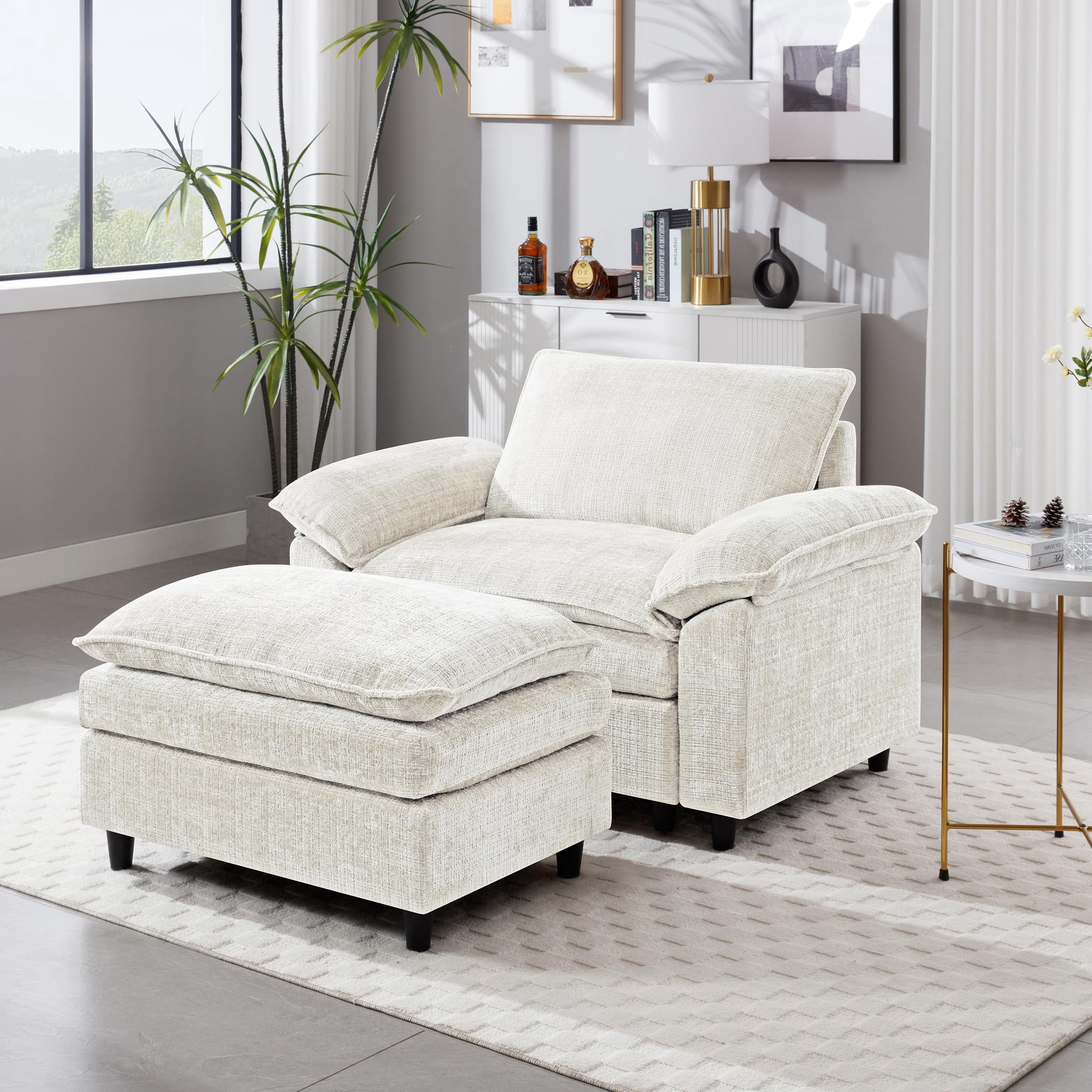 52" W Oversized Stuffed Accent Chair with Ottoman, Plush Chenille Comfy ...