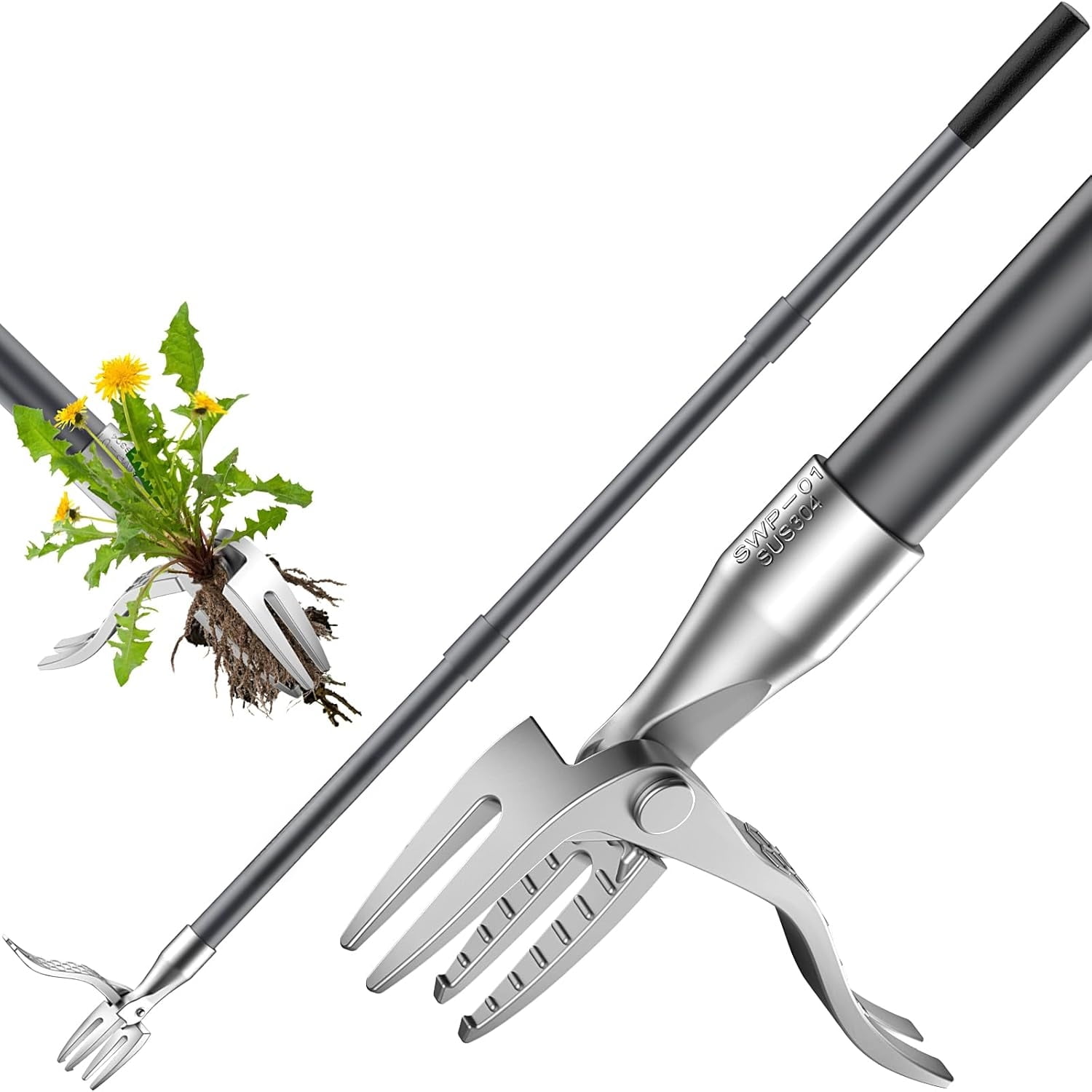 52'' Weed Puller Tool Stand-up Weeder with Metal Long Handle/Stainless ...