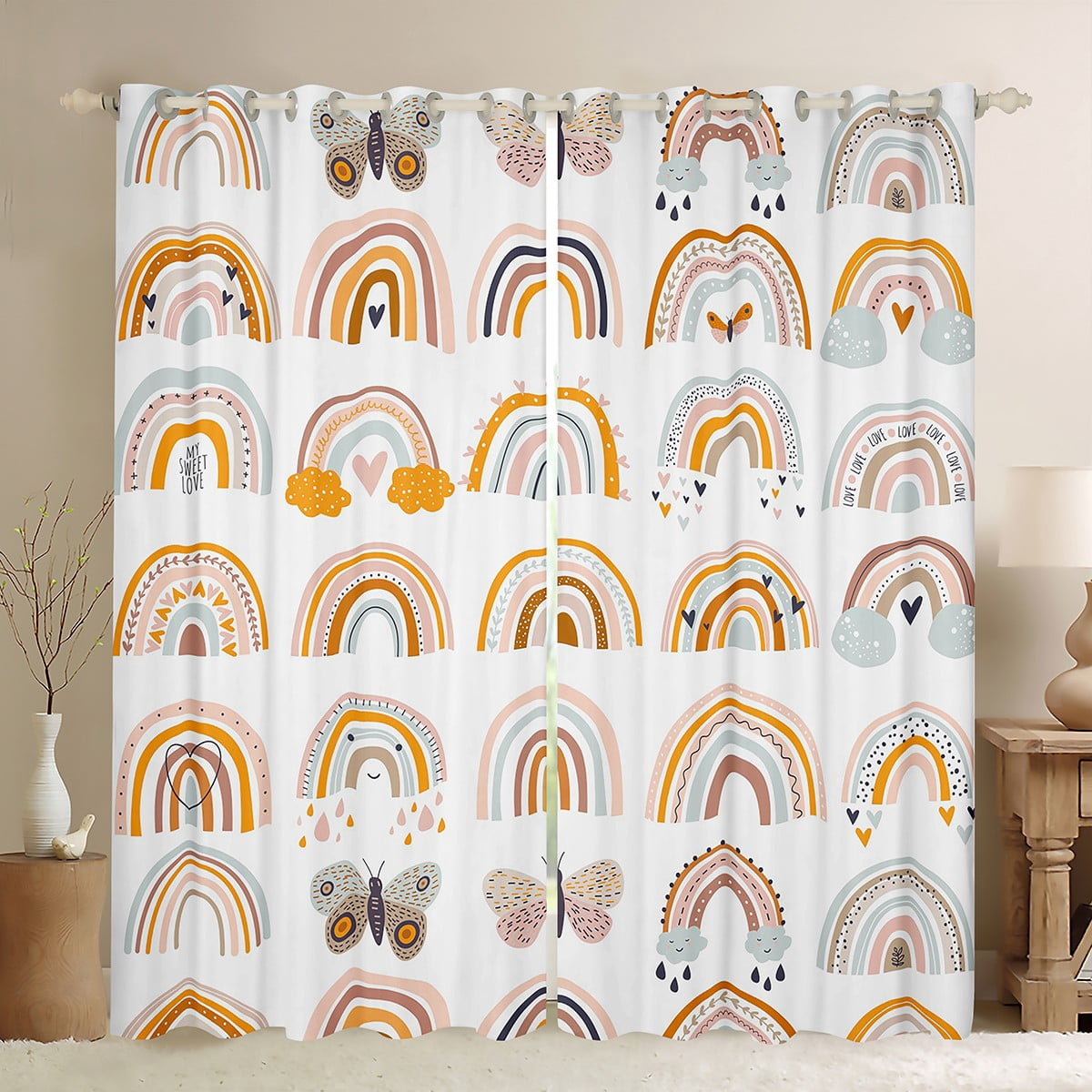 52''Wx63''L Rainbow Curtains Cute Cartoon Rainbow Boho Curtains ...