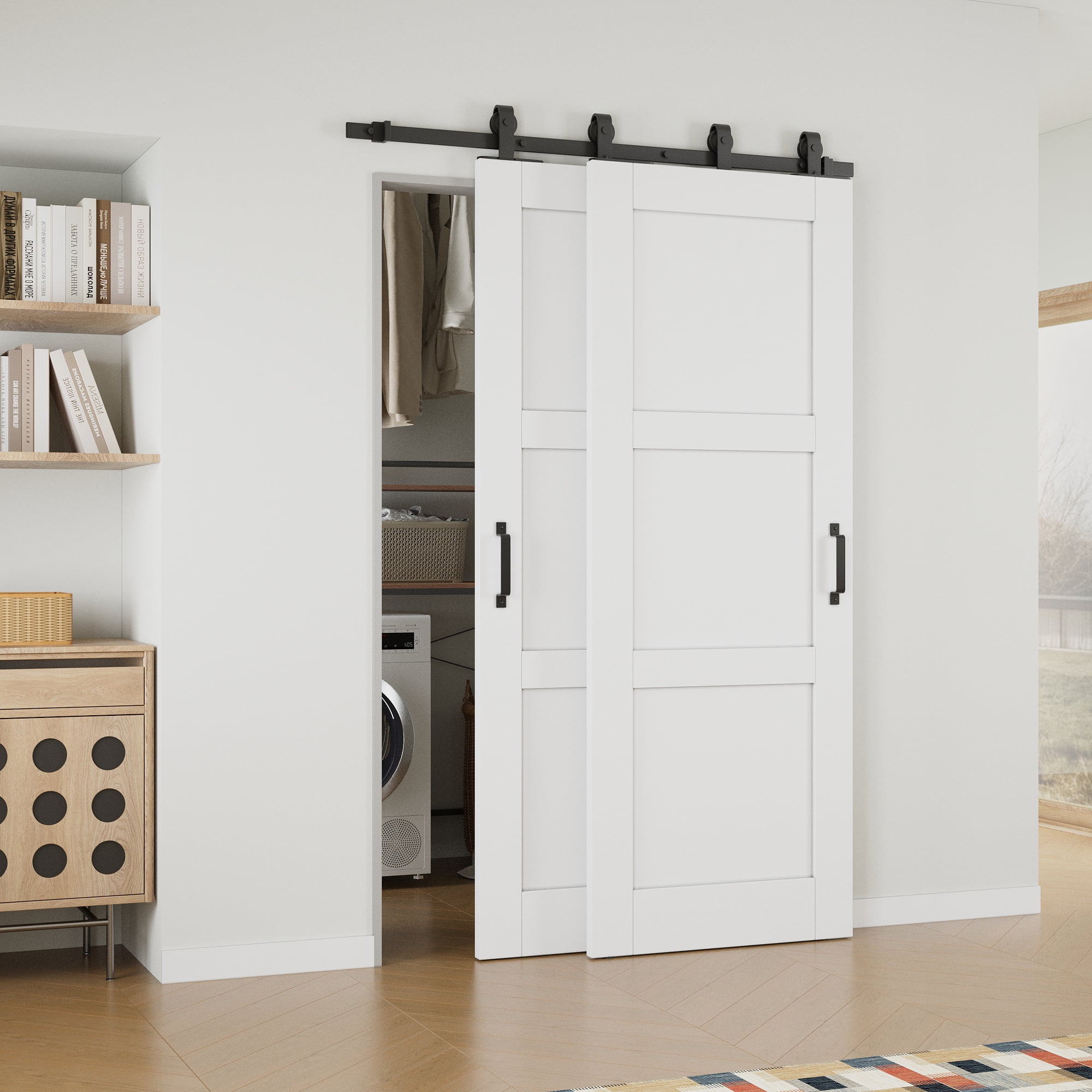 52" X 96" 3-Lite Panel White Primed Solid Core Sliding Bypass Barn Door ...