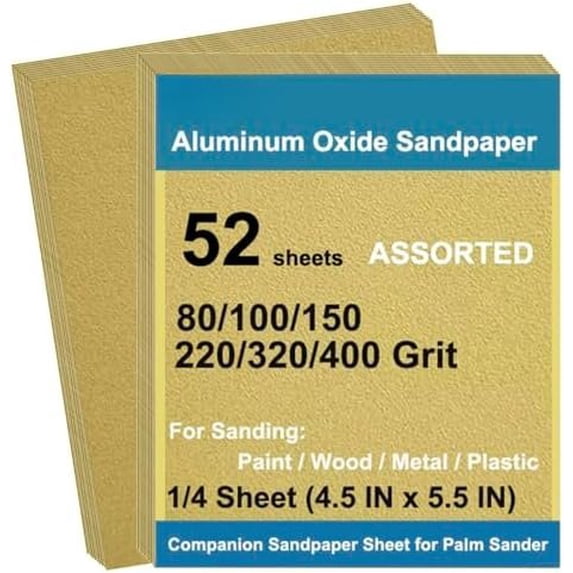 52 count Oxide Sandpaper Variety Pack, 1/4 Sheet Sand Paper Assorted ...