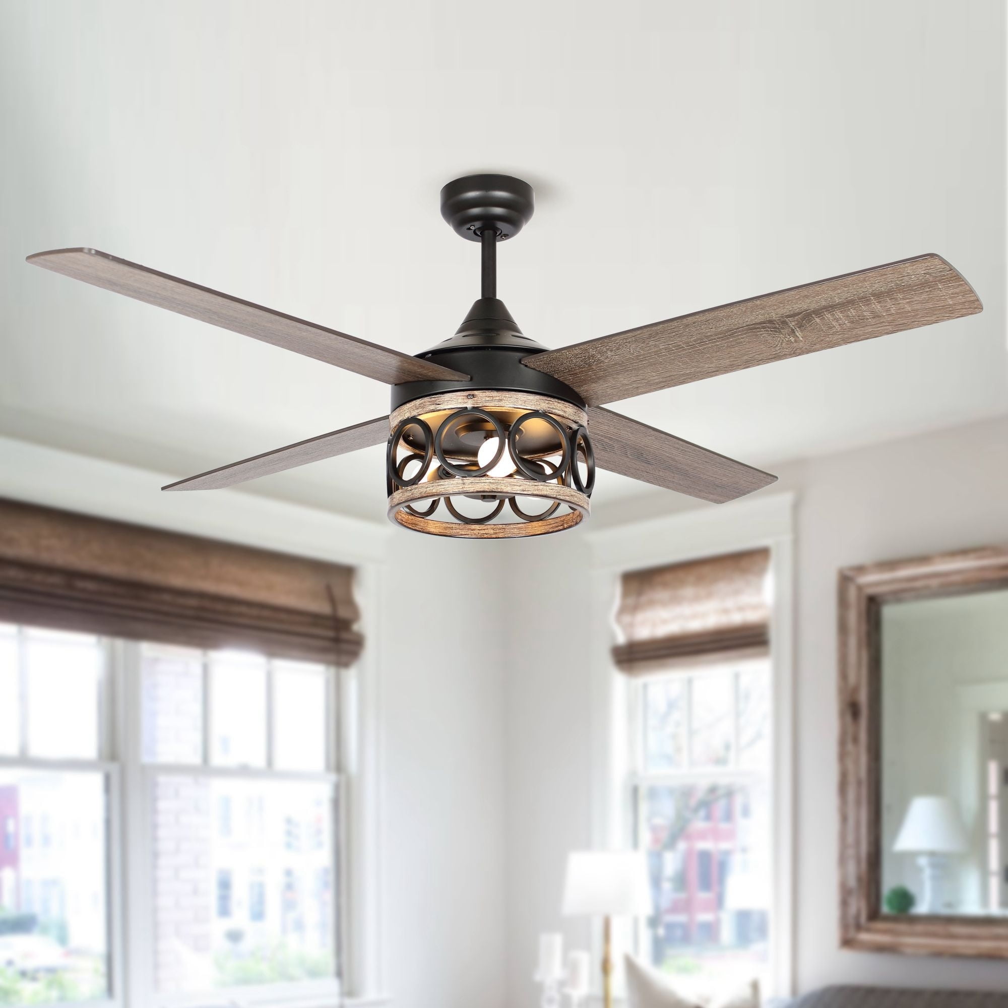 Rustic Wood Frame 4-Blade 3-Light Chandelier Ceiling Fan with Remote ...