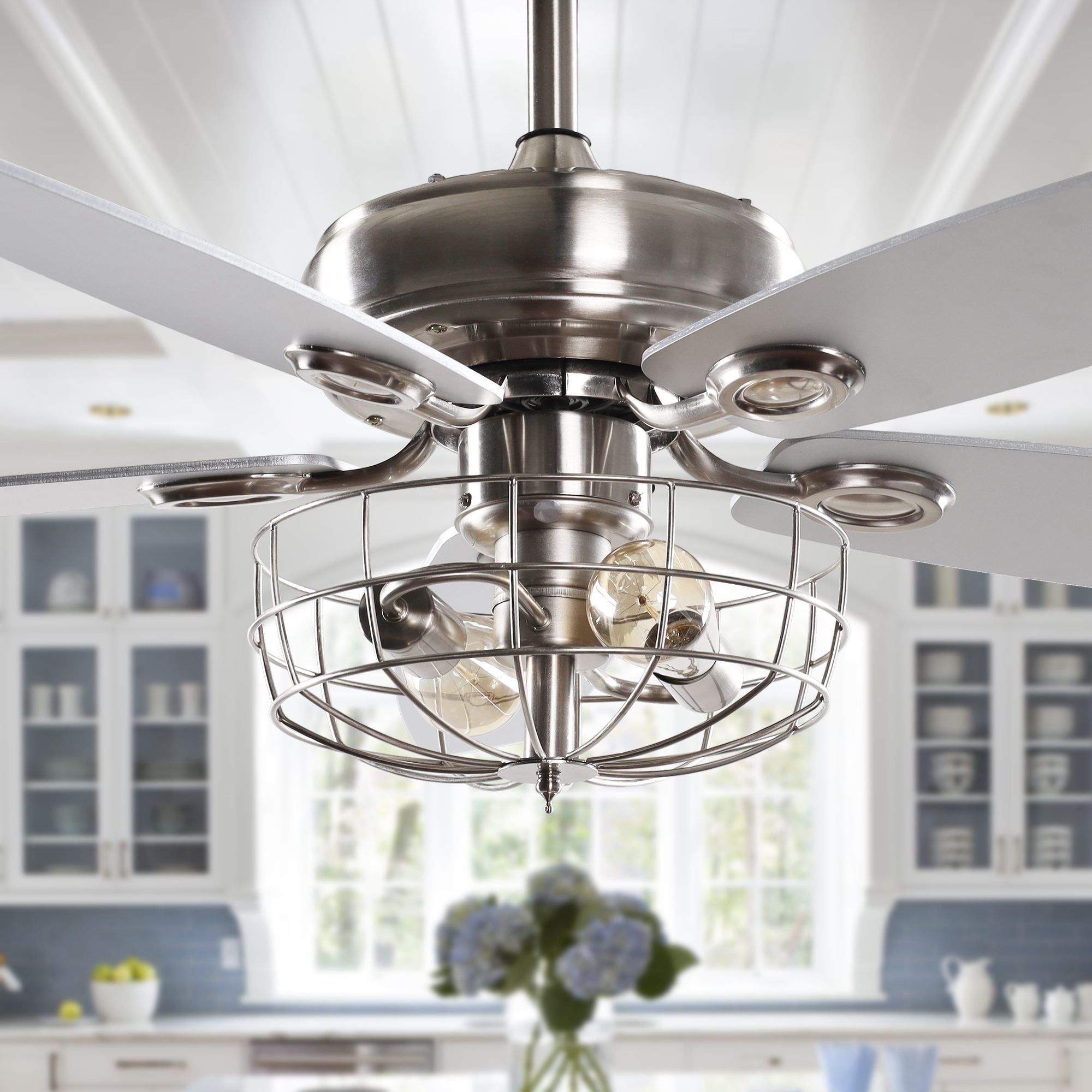 Bed Bath & Beyond 52 in. Chrome Downrod Ceiling Fan, Cage Light, Remote ...