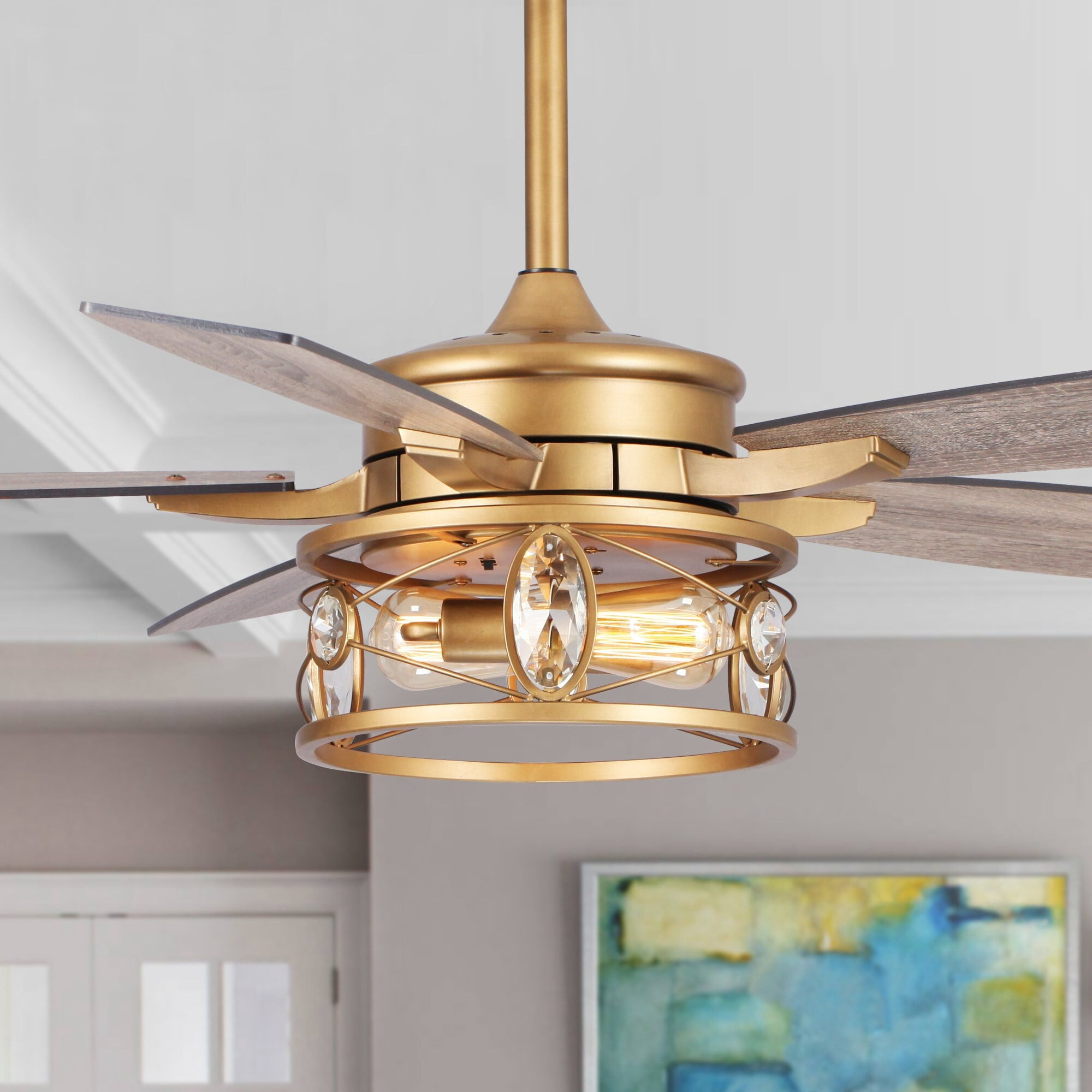 52 in. Indoor Imitation Copper Crystal Chandelier Ceiling Fan With ...