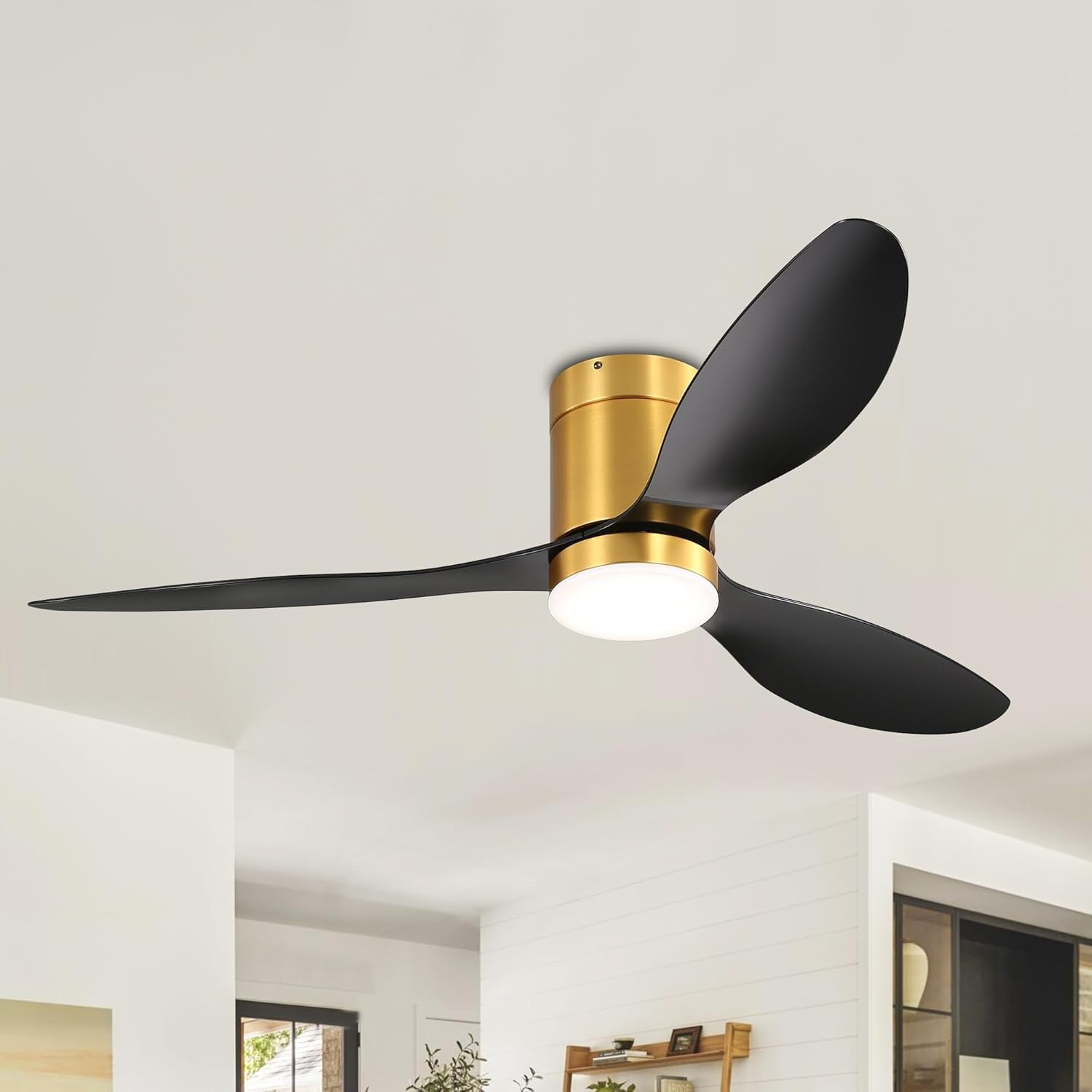 52-in LED Black and Gold Indoor Flush Mount Ceiling Fan with Light ...