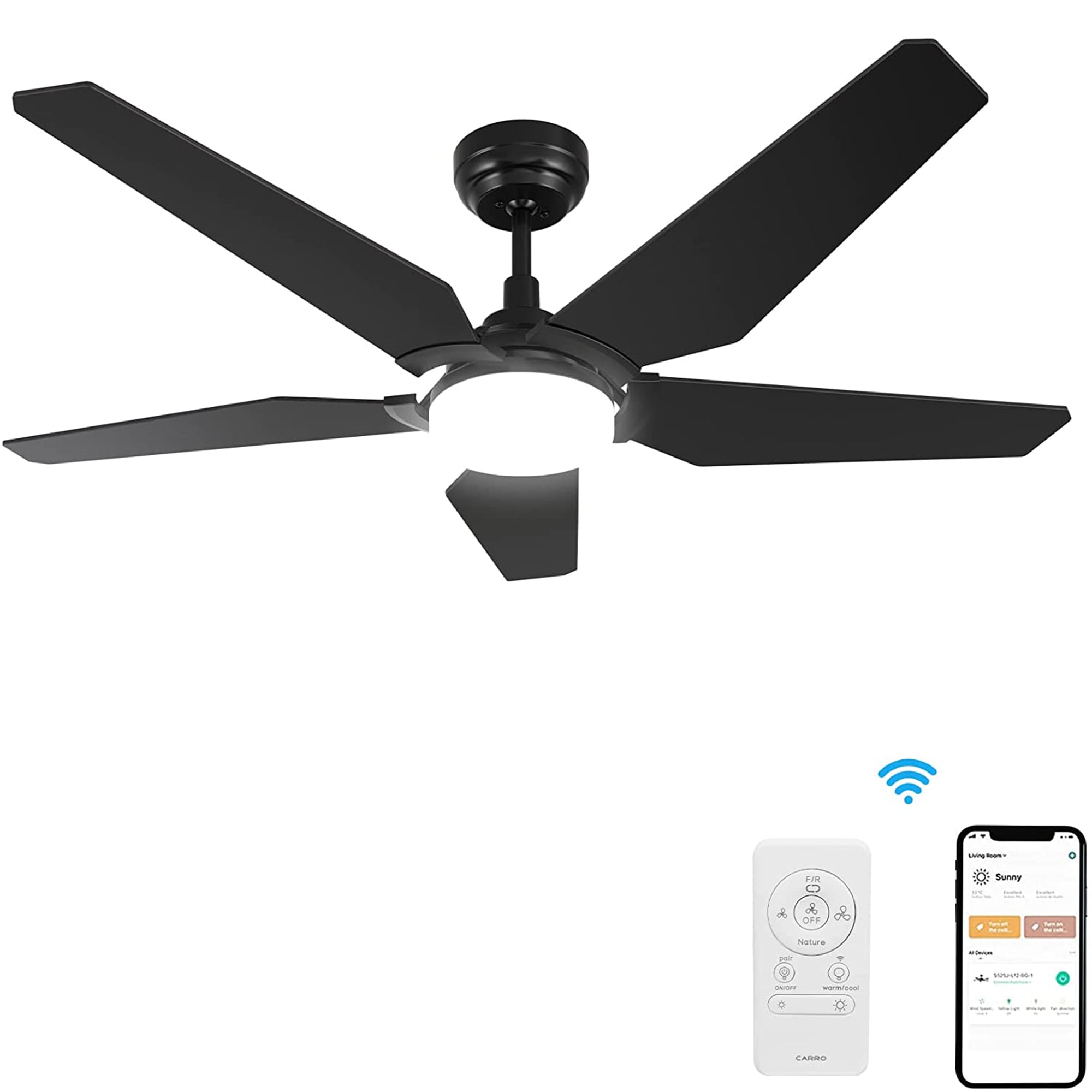 52 inch Black 5 Blades Smart Ceiling Fan with Remote and Dim LED Light ...