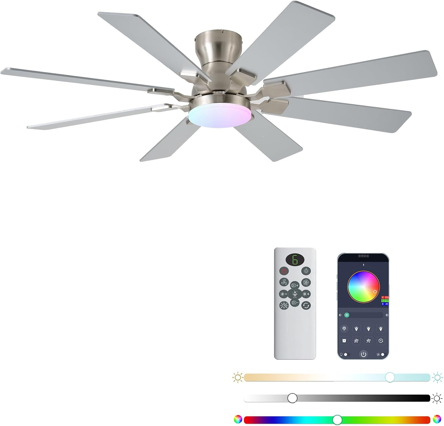 52 inch Ceiling Fan with Light, 6 Speeds Reversible Low Profile Ceiling ...
