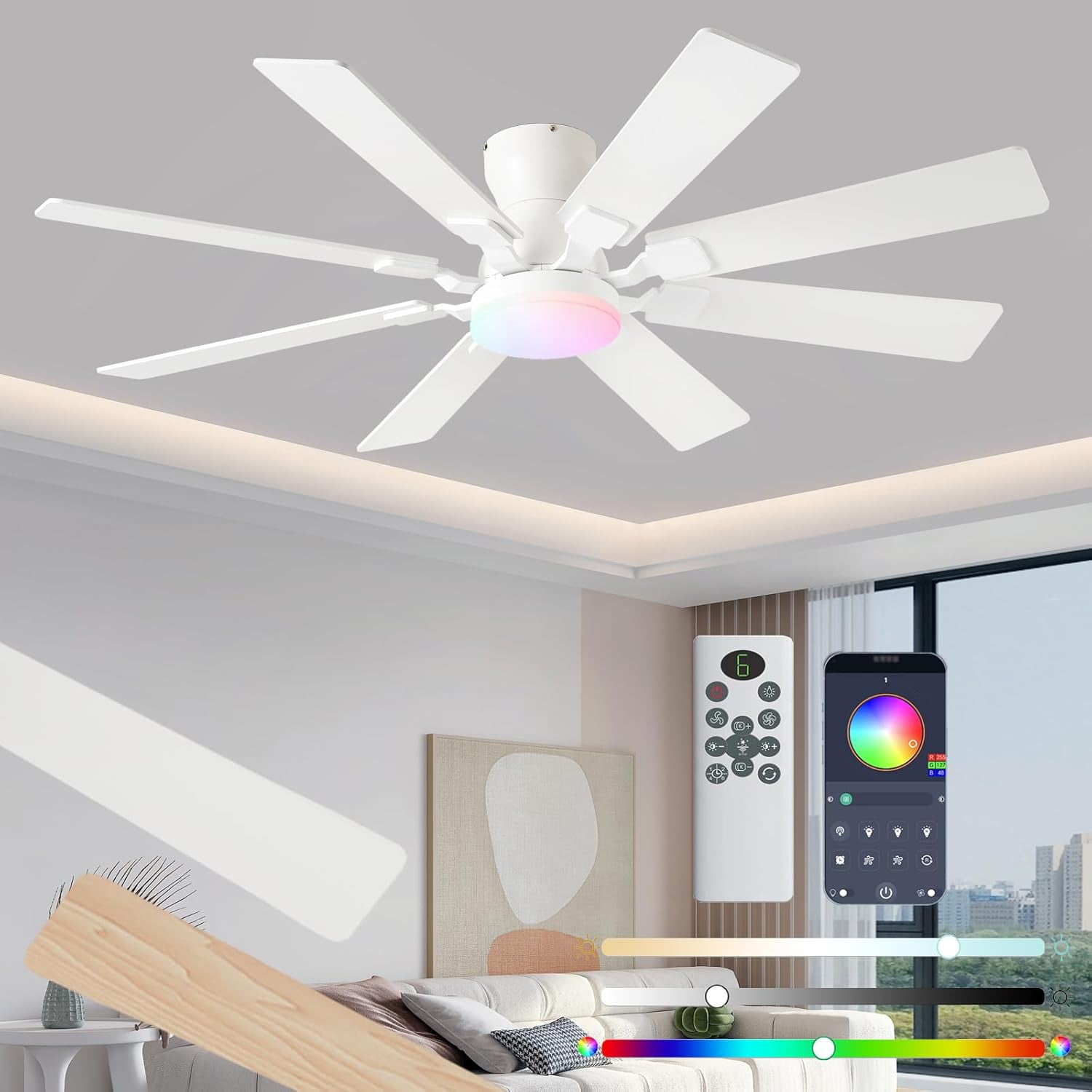 52 inch Ceiling Fan with Light, 6 Speeds Reversible Low Profile Ceiling ...
