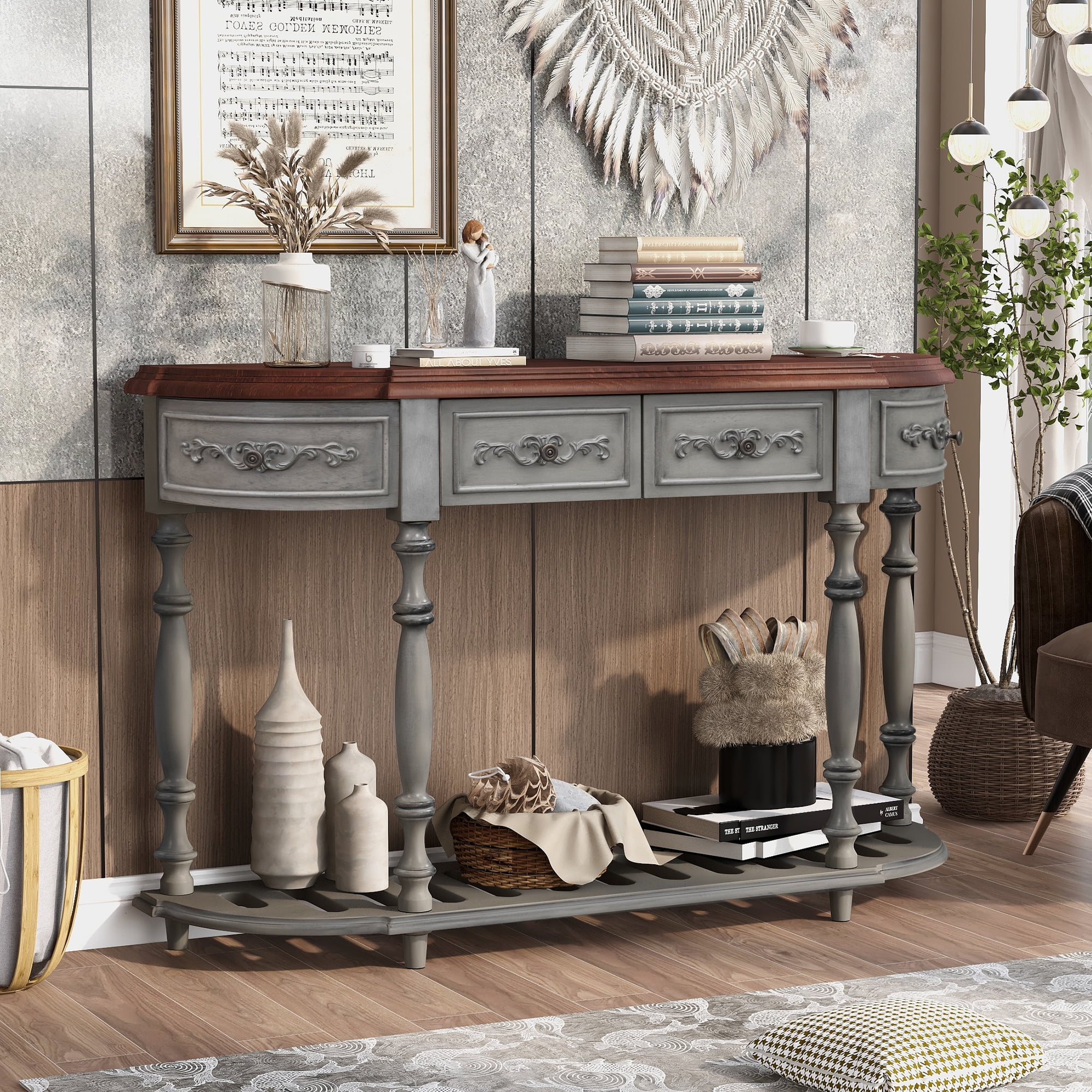 Half moon table with storage store