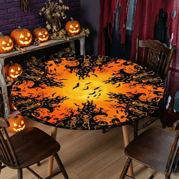 52 inch Halloween Round Fitted Tablecloth With Elastic Water Reusable ...
