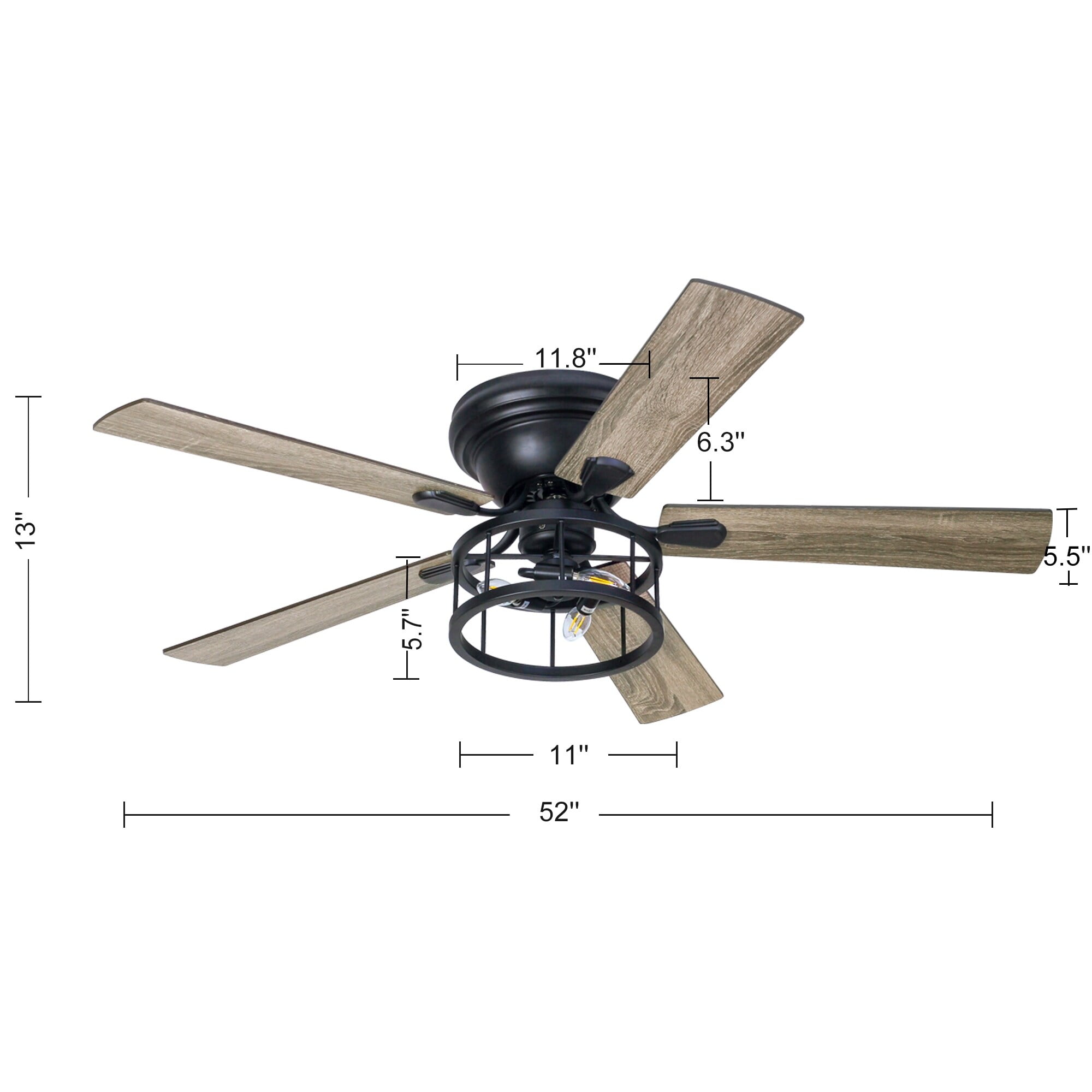 52-inch Indoor Matte Black Ceiling Fan with Light and Remote(5-blade ...
