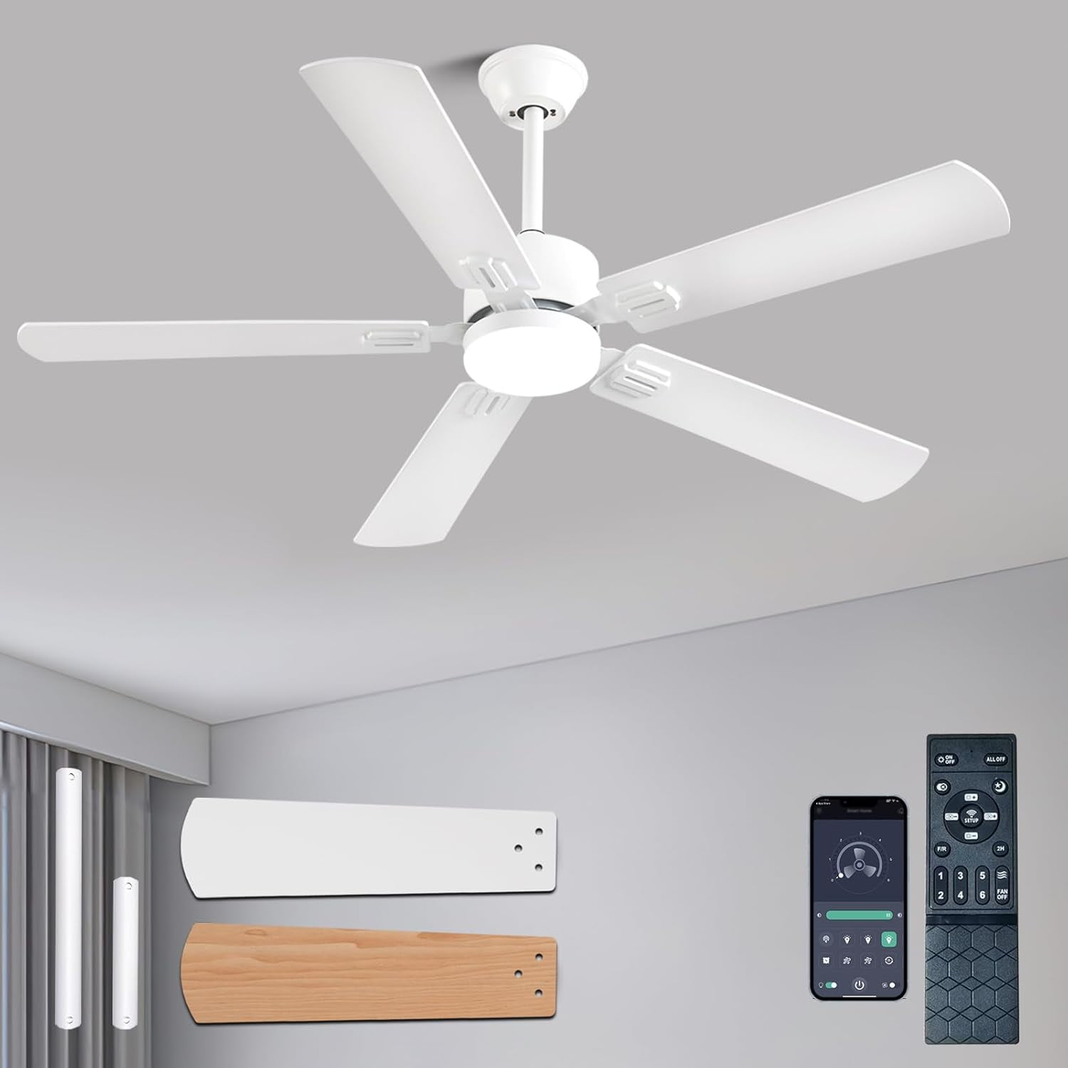 52 inch Modern White Ceiling Fans with Lights APP/Remote Control, Low ...