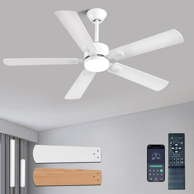 52 inch Modern White Ceiling Fans with Lights APP/Remote Control, Low ...