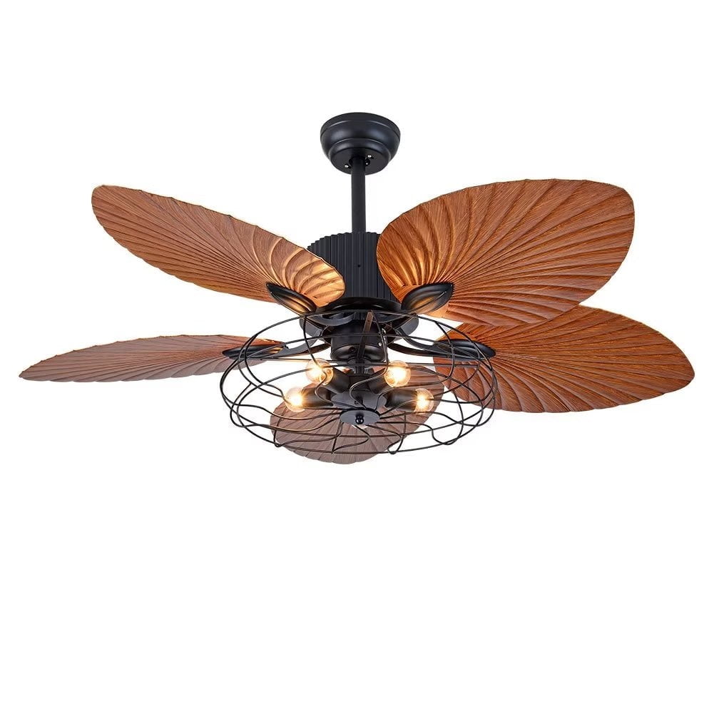 52 inch Rustic Caged 5-Blade Ceiling Fan with Light Remote Control, 5 ...