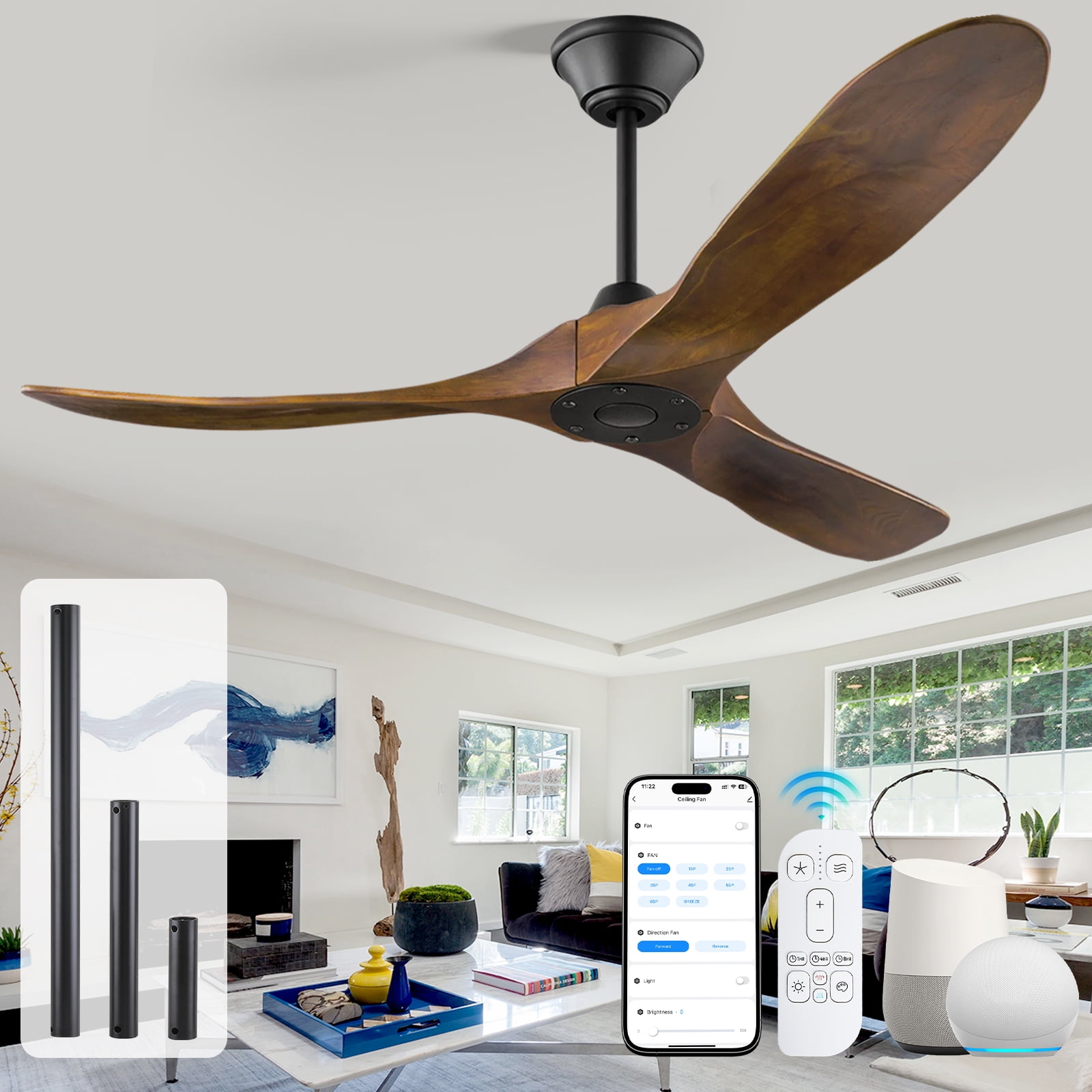 52 inch Smart Ceiling Fan without Light, Farmhouse Wood 3-Blades Alexa ...