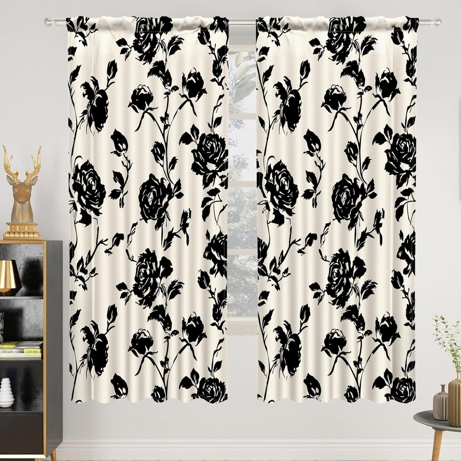 52 x 63 Inch Black Roses Bedroom Curtains Linen Texture Black Flower ...