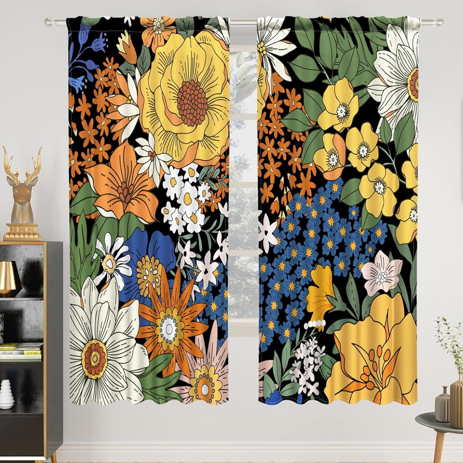 52 x 63 Inch Boho Floral Kitchen Curtains Bohemian Flowers Rustic Retro ...