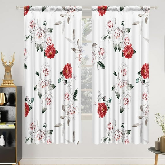 52 x 63 Inch Farmhouse Floral Kitchen Tier Curtain for Small Window Red ...