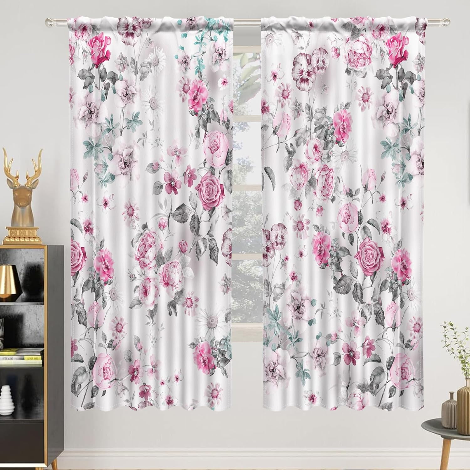 52 x 63 Inch Farmhouse Pink Flower Kitchen Curtains Farmhouse Country ...