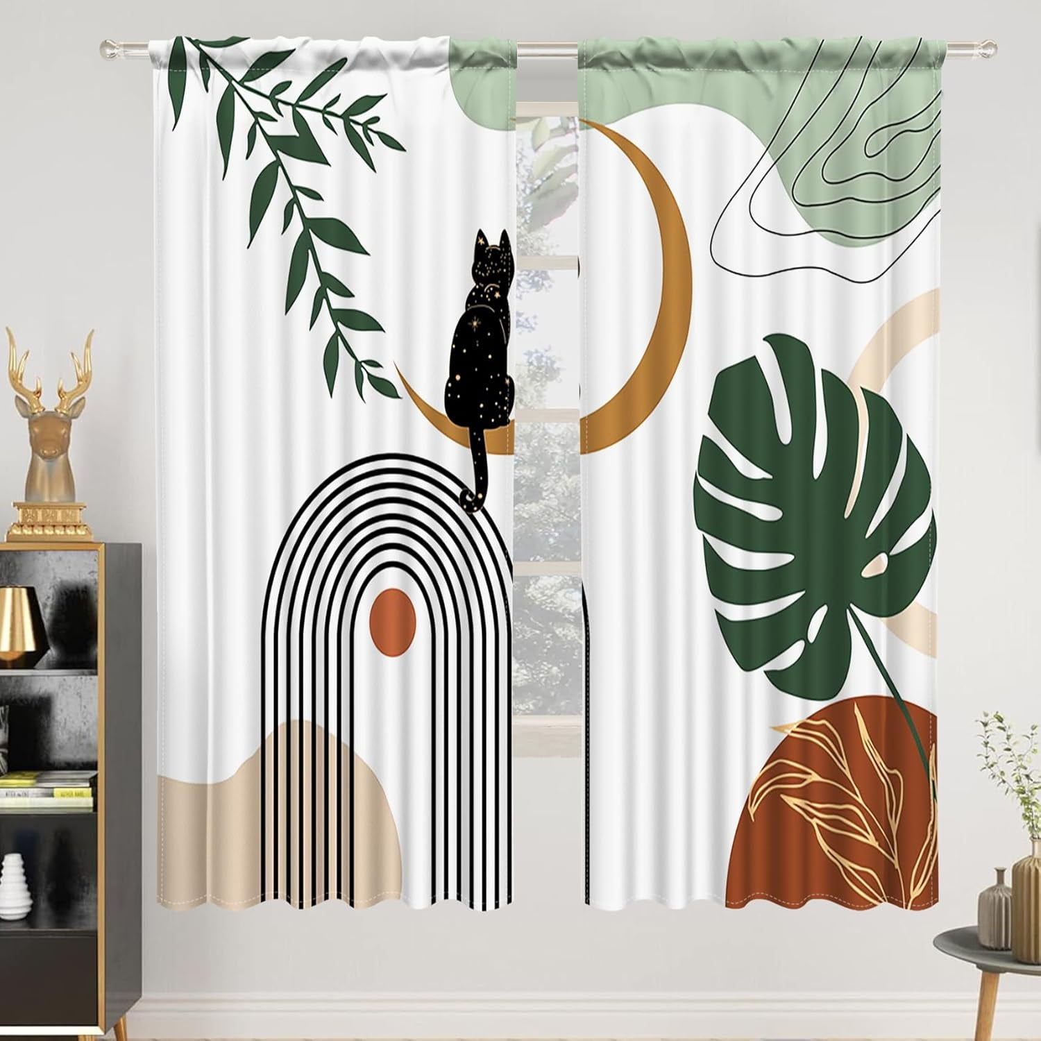 52 x 63 Inch Minimalist Art Curtains Tropical Palm Leaf Black Cat Moon ...