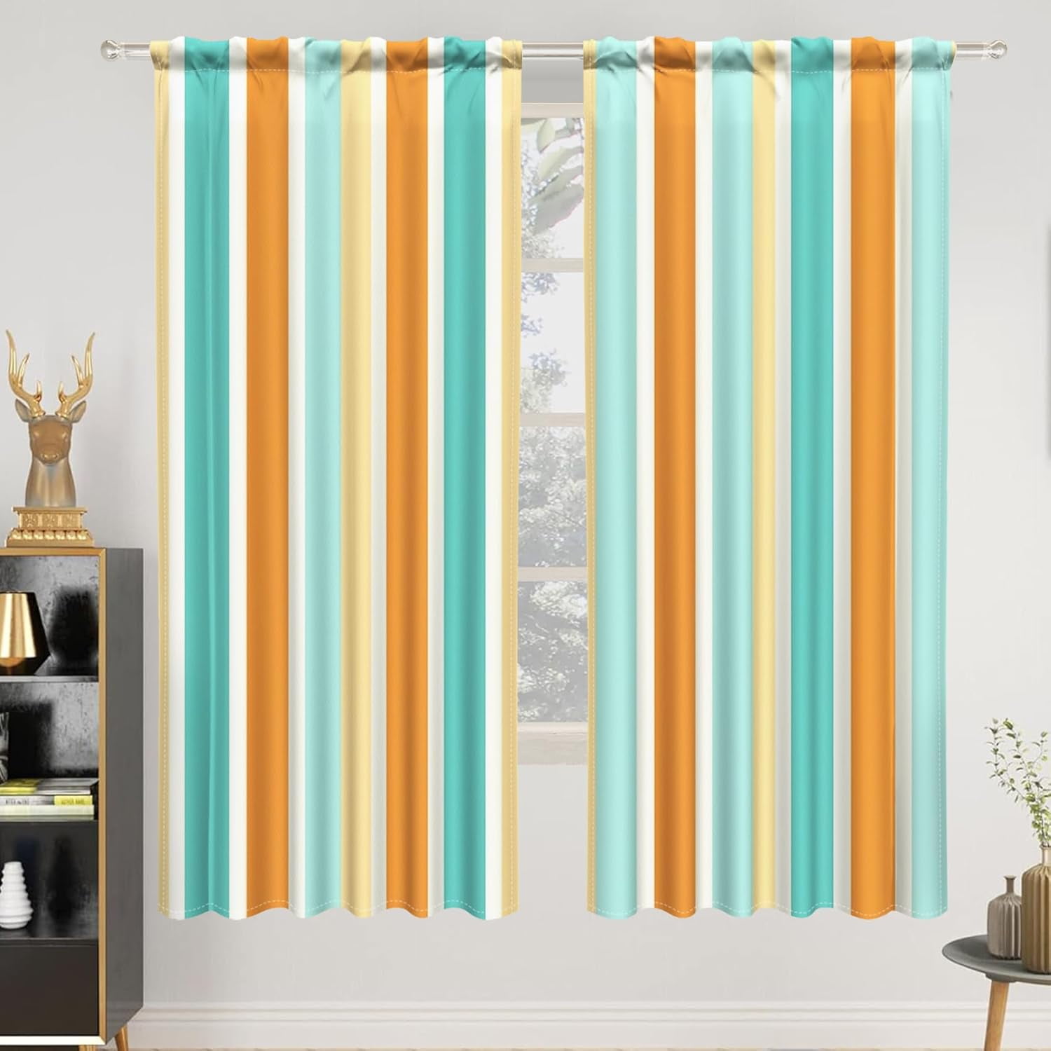 52 x 63 Inch Vertical Striped Window Curtains Blue Orange Stripe ...
