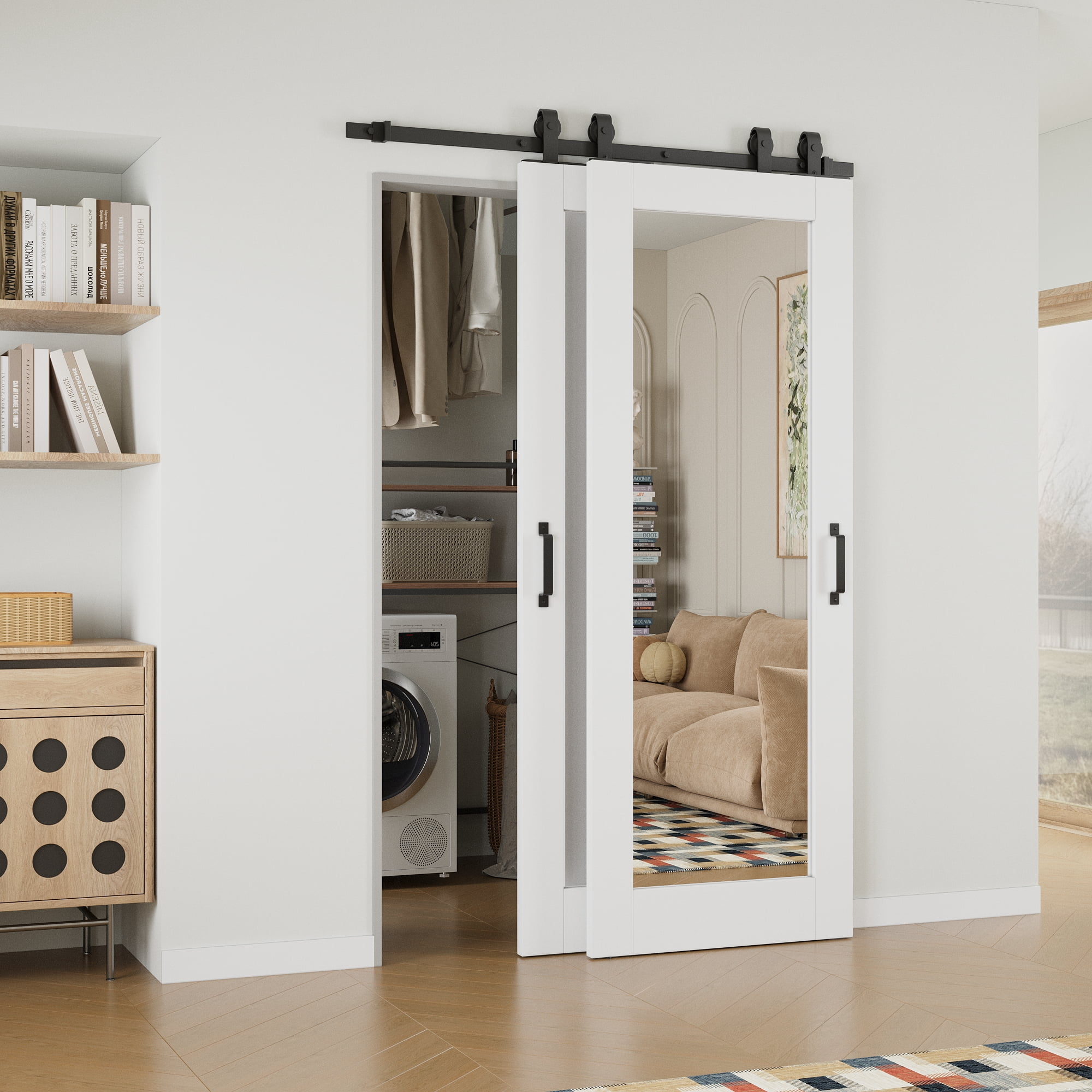 52" x 80" 1-Lite Mirror White Primed Solid Core Sliding Bypass Barn ...