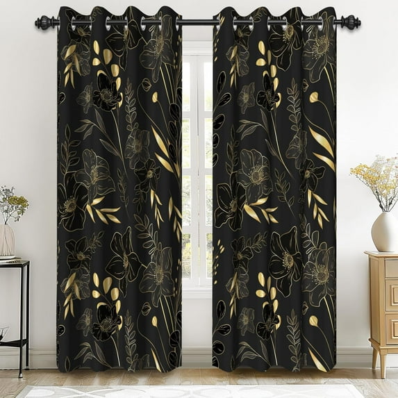 52 x 84 Inch Black Floral Blackout Curtains for Bedroom Printed Gold ...