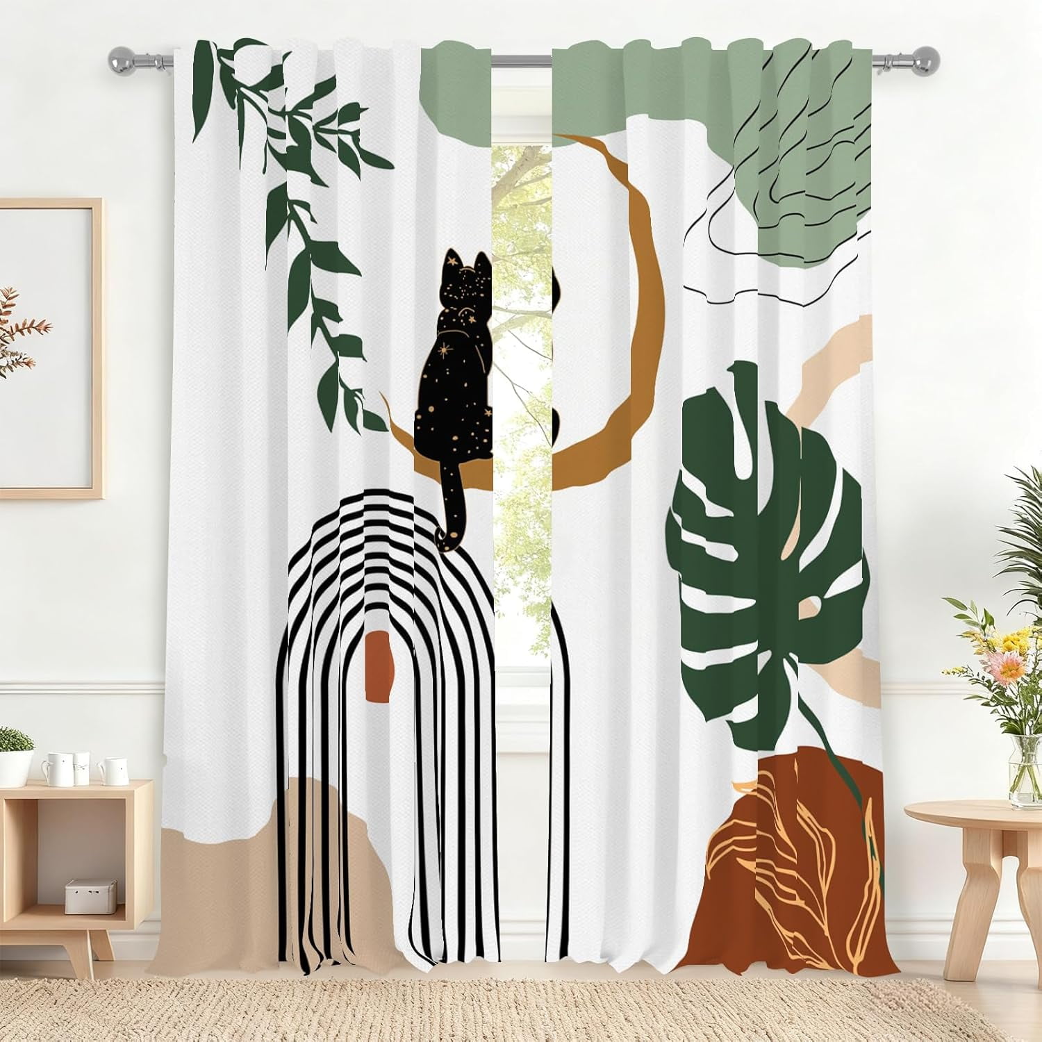 52 x 84 Inch Minimalist Art Curtains Tropical Palm Leaf Black Cat Moon ...