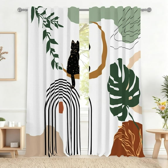 52 x 84 Inch Minimalist Art Curtains Tropical Palm Leaf Black Cat Moon ...