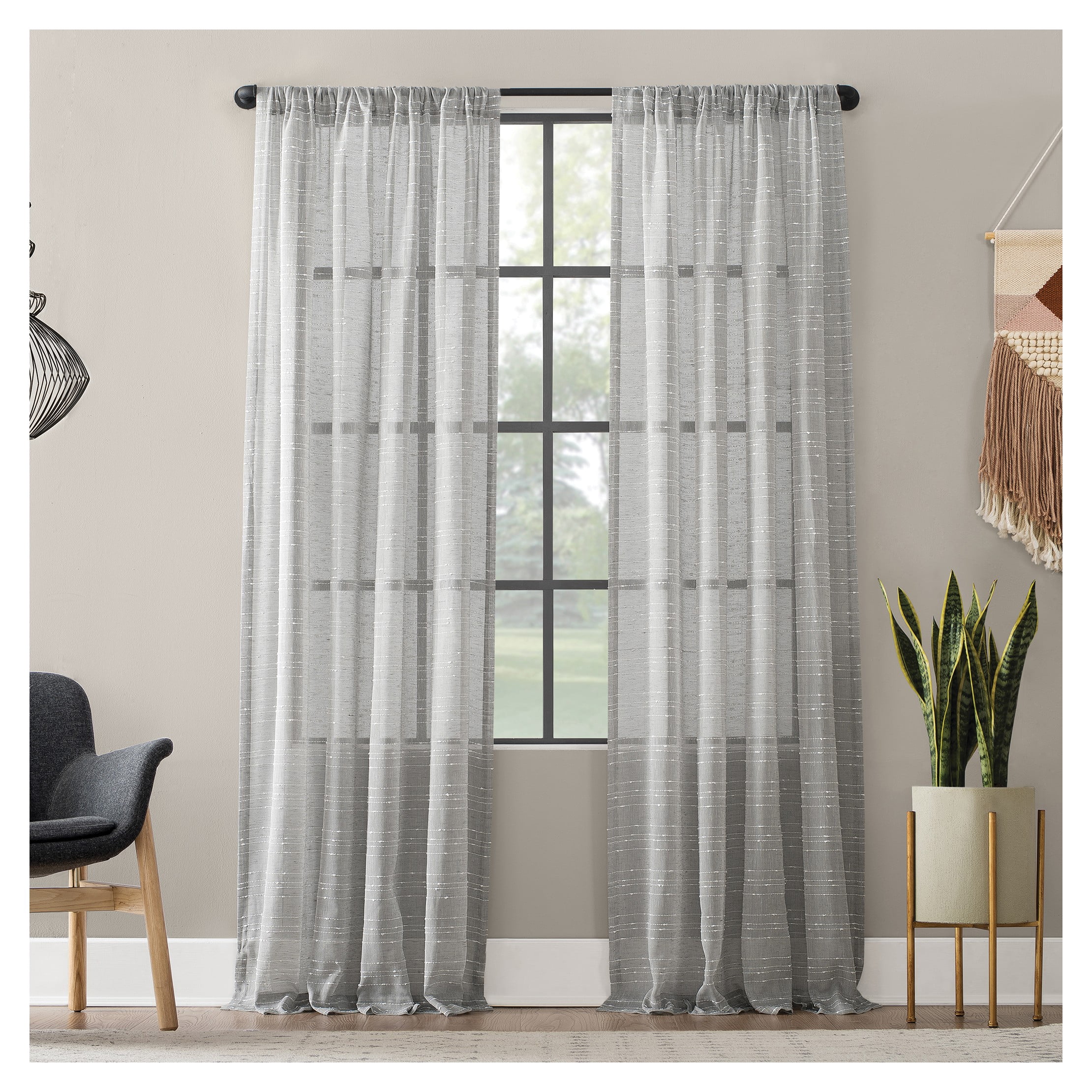 52"x95" Sheer Textured Slub Striped Anti-Dust Linen Blend Curtain Panel ...